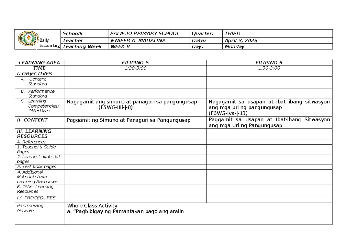 CO Filipino 5 and 6 - Lesson Plan for Simuno and Panaguri - Studocu