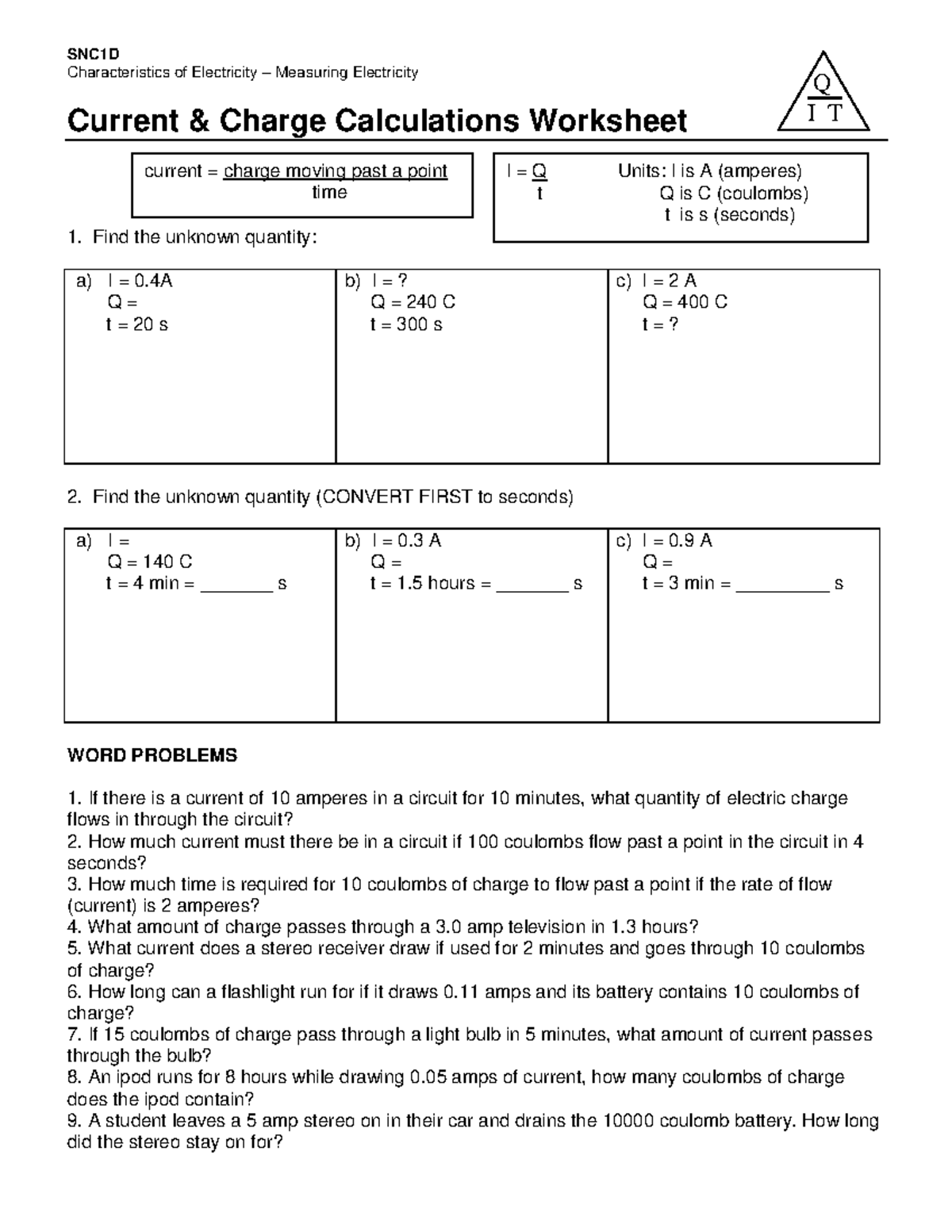 Current problems - Haha - SNC1D Characteristics of Electricity ...