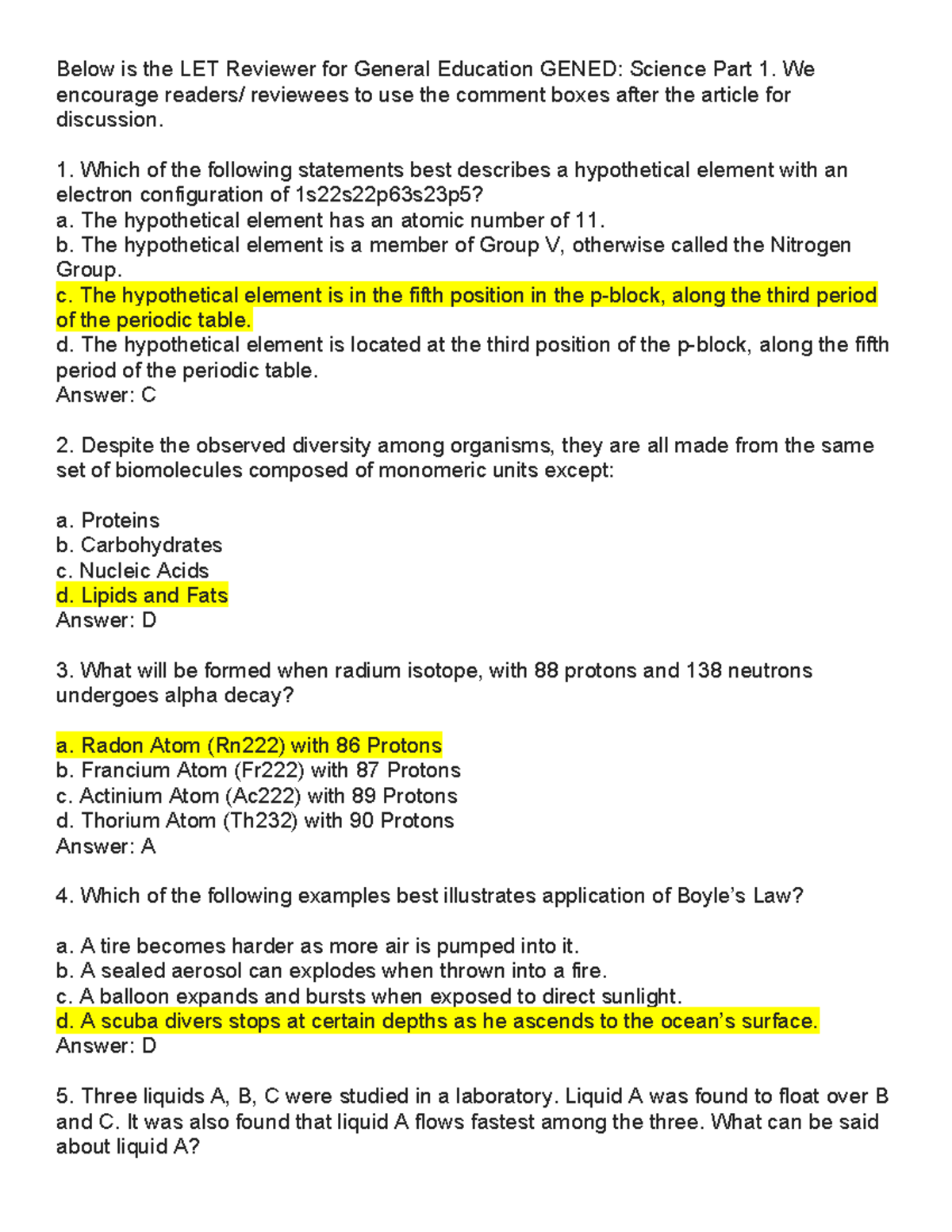 LET Reviewer for General Education GENED: Science Concepts and ...