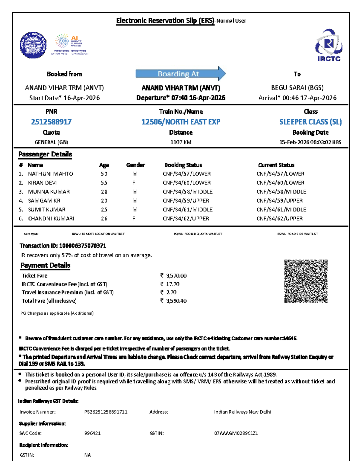 Electronic Reservation Slip for Train 2512588917 - EAST EXP SL - Studocu