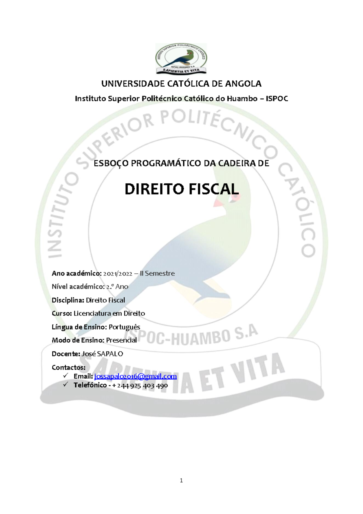 Programa e Bibliografia - Direito Fiscal - ISPOC - 2021-2022 - Studocu