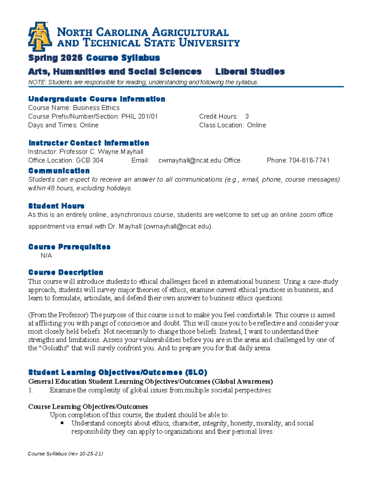 NCAT Course Syllabus PHIL 201: Business Ethics - Spring 2025 - Studocu