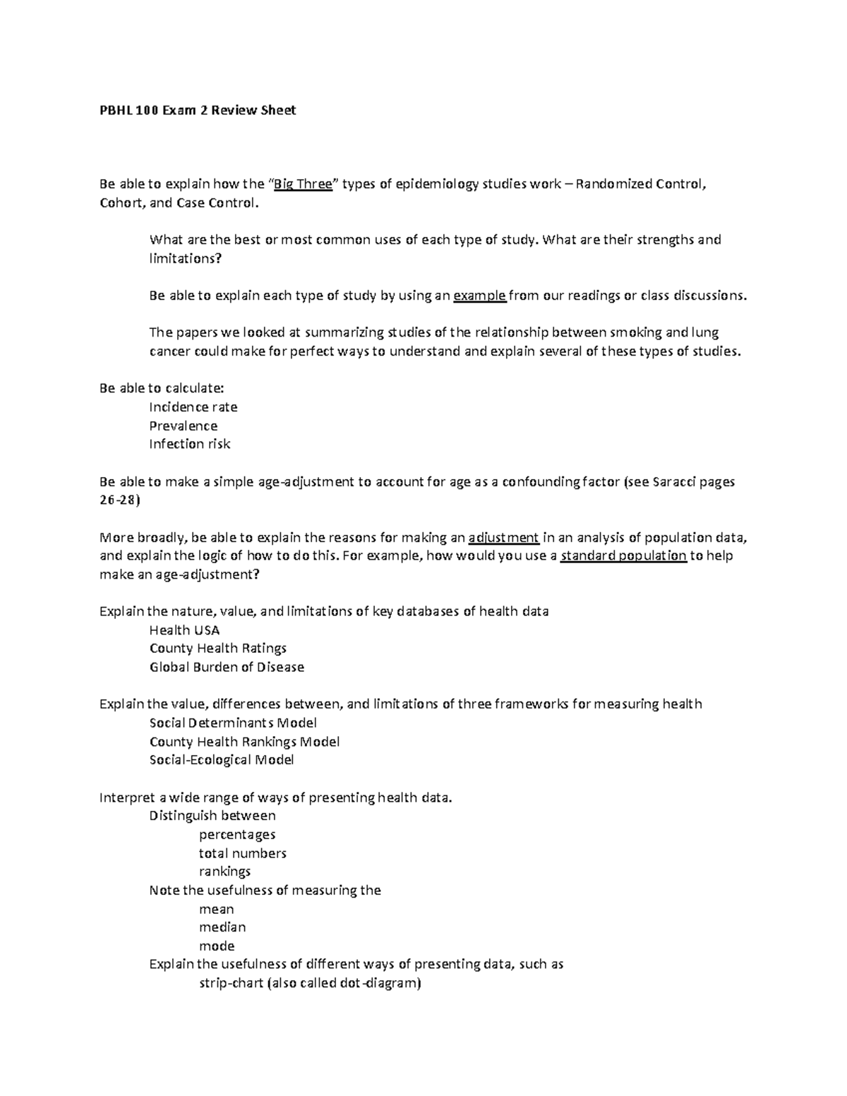 PBHL 100 Exam 2 Review Sheet: Key Concepts in Epidemiology - Studocu