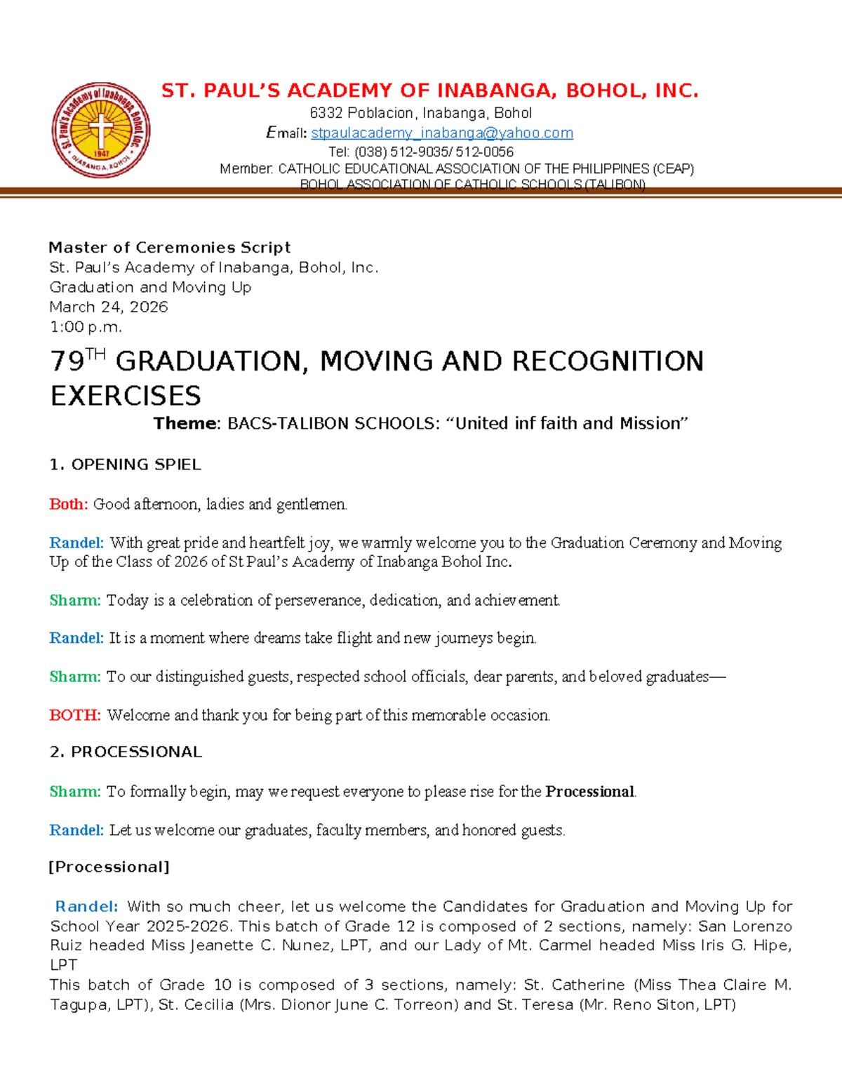 MC Script for 79th Graduation Ceremony - St. Academy of Inabanga, Bohol ...