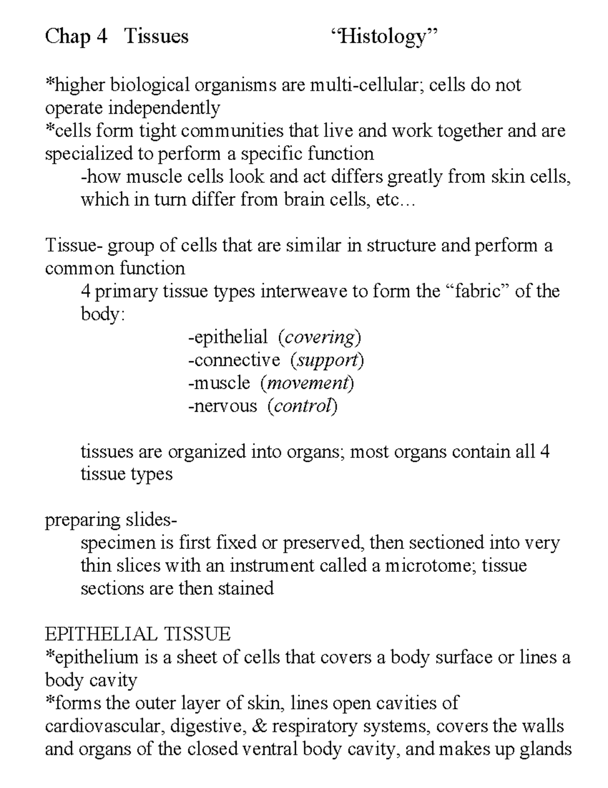 Histology Notes: CH 4 - Overview of Tissue Types and Functions - Studocu