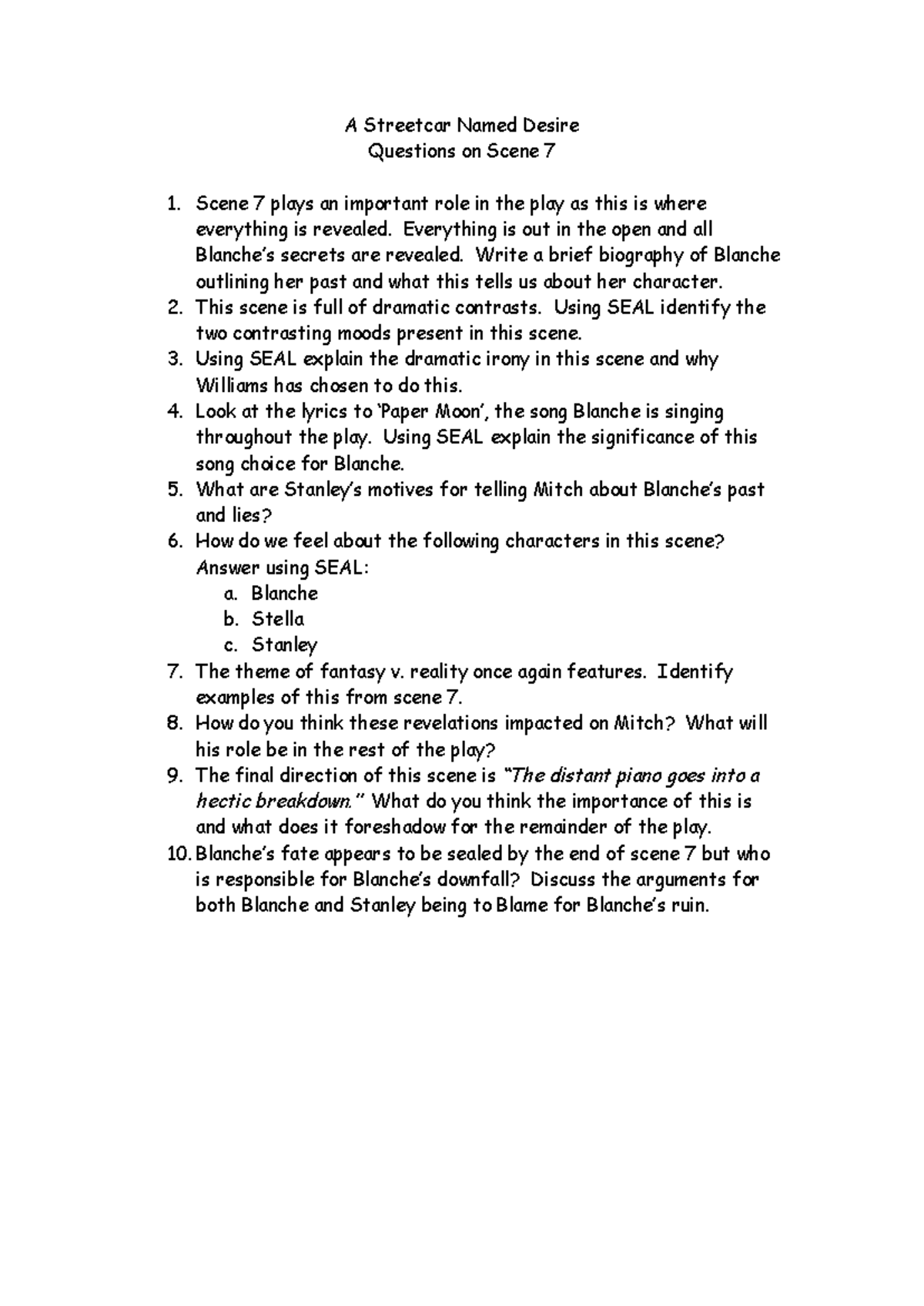 A Streetcar Named Desire questions scene 7 - A Streetcar Named Desire ...