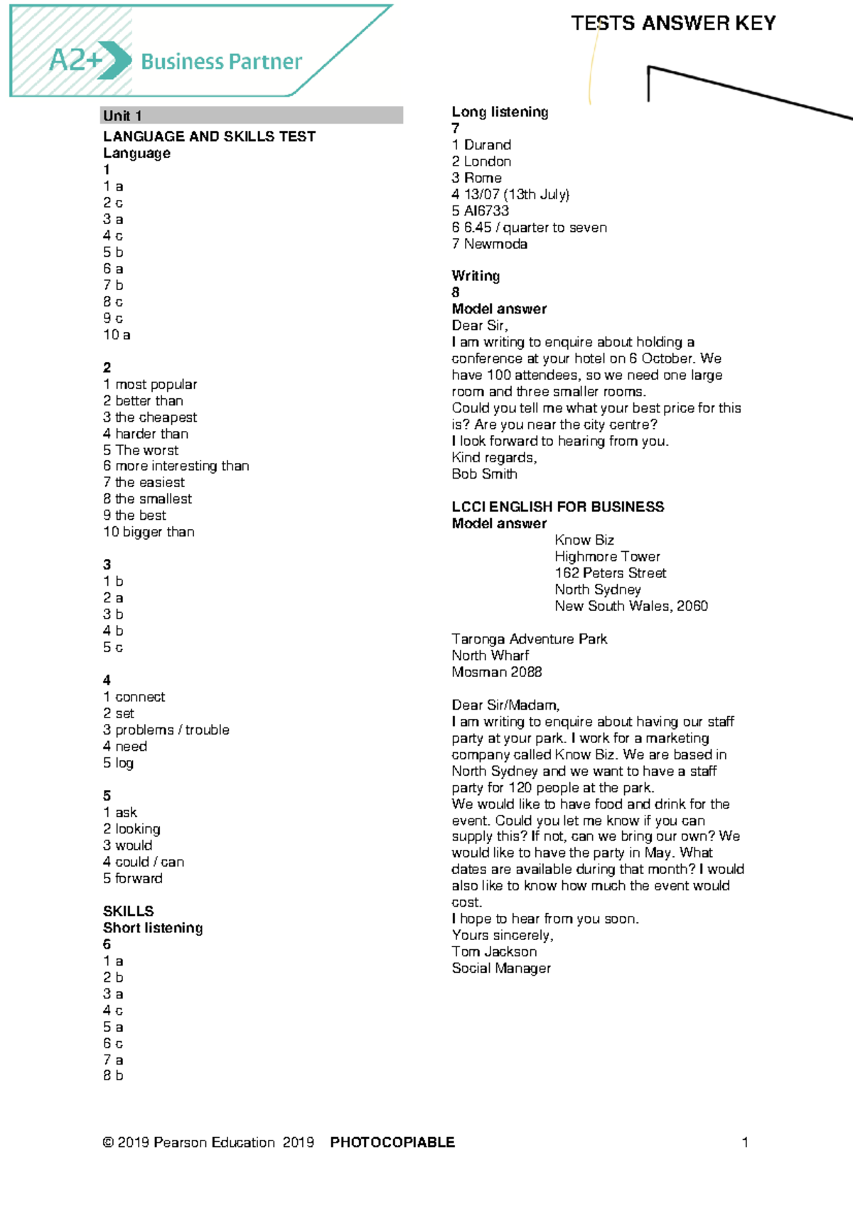 BP A2+ Language and Skills Tests Answer Key - Units 1 to 8 - Studocu