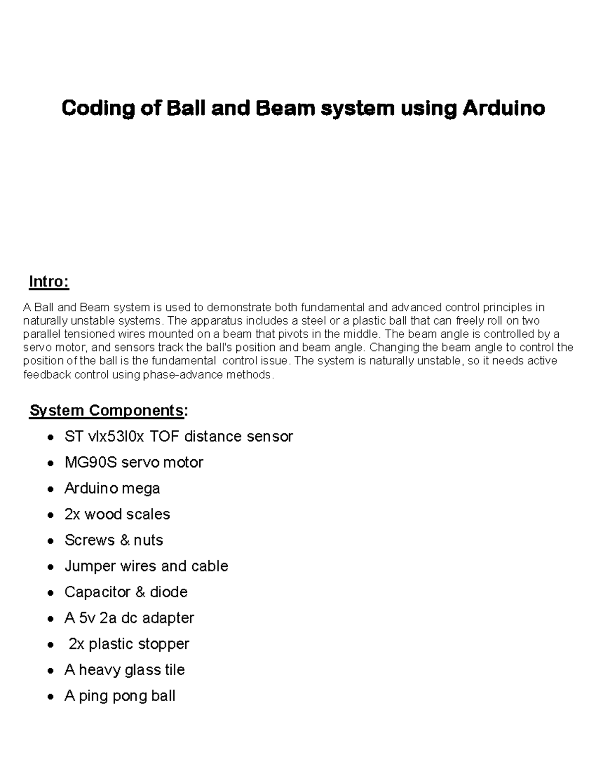 ZARI PID Ball & Beam Control System Project (Control Systems Lab) - Studocu