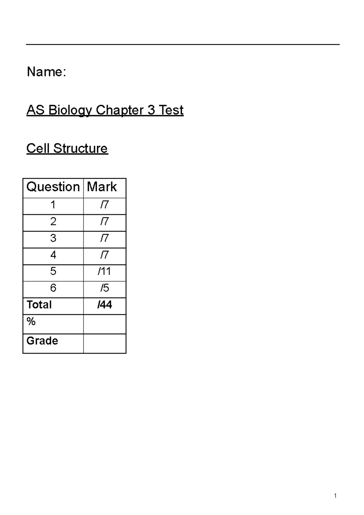 Cells Test Chapter 3 - Name: AS Biology Chapter 3 Test Cell Structure ...