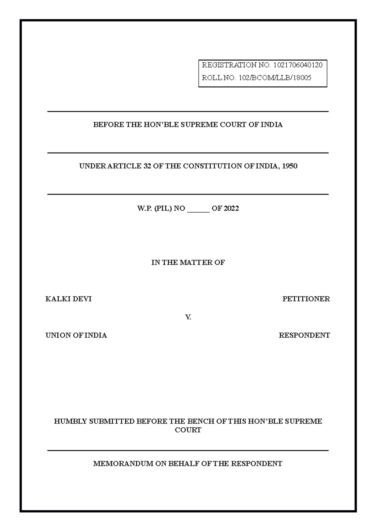 Memorial Submission for W.P. (PIL) No. ____ of 2022 - Kalki Devi vs ...