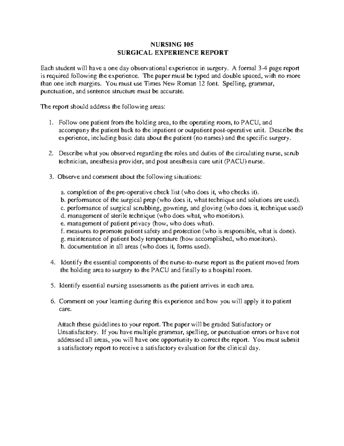 NURSING 105 Surgical Experience Report Guidelines and Objectives - Studocu