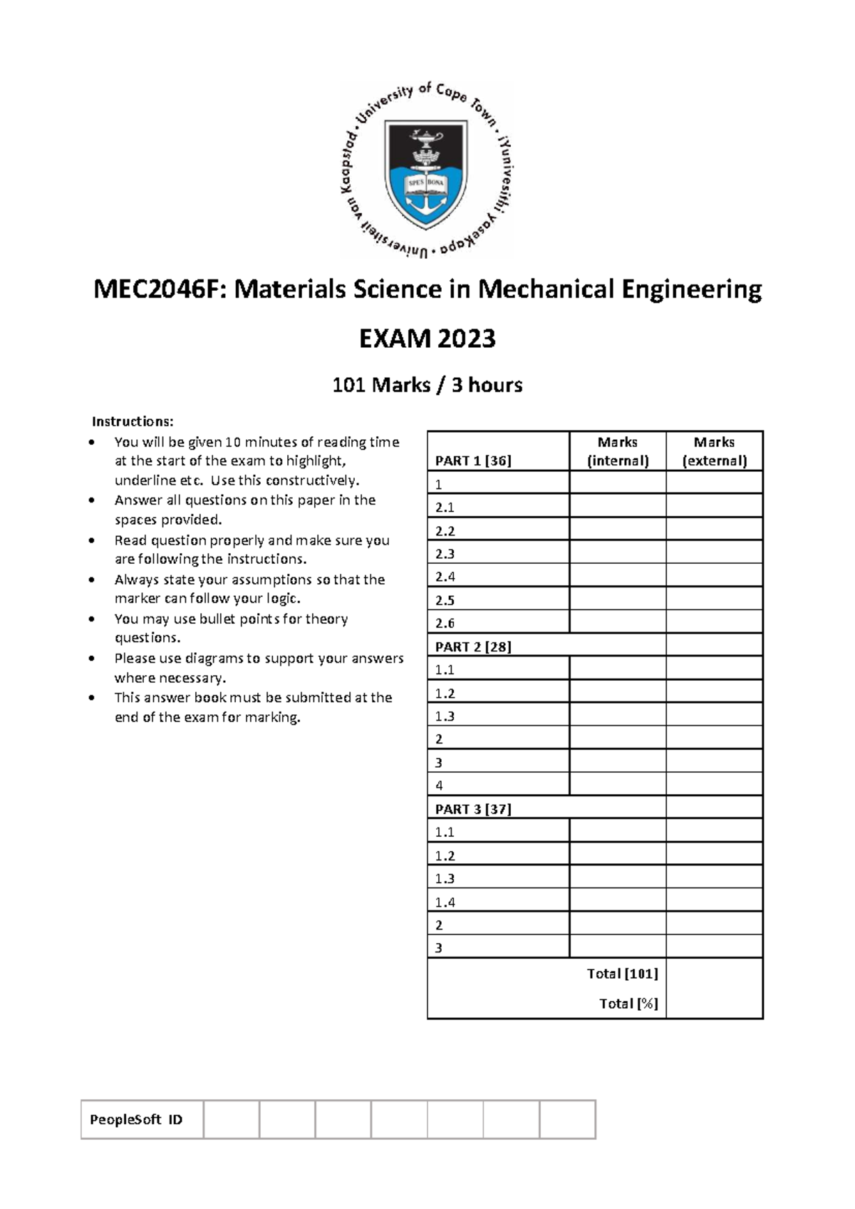 MEC2046F: Materials Science in Mechanical Engineering Final Exam 2023 ...
