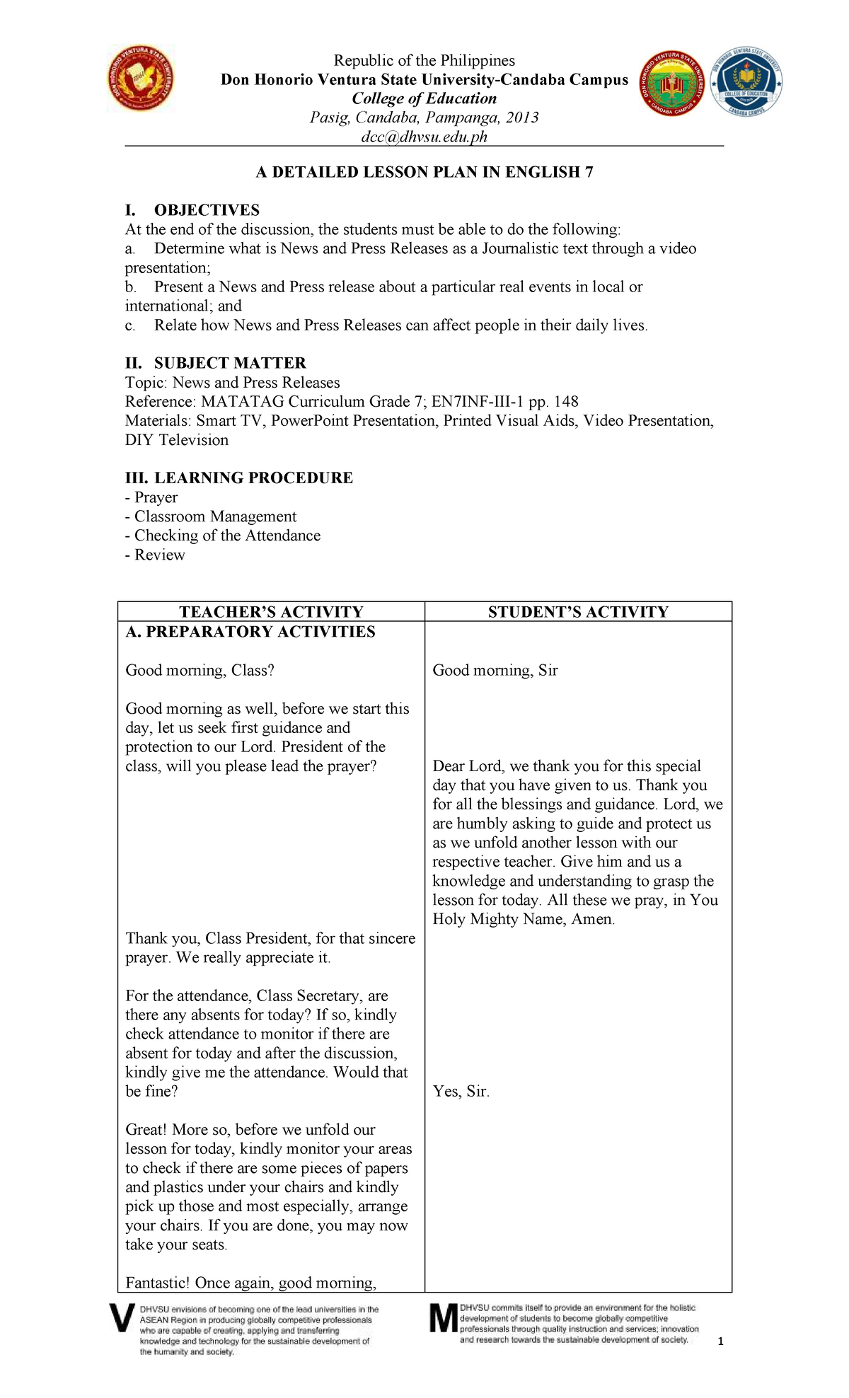 ENG7: Detailed Lesson Plan on News and Press Releases - Studocu