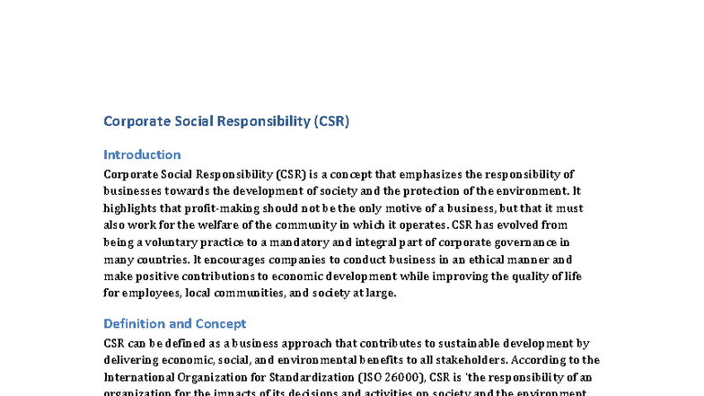 Corporate Social Responsibility (CSR) Overview and Case Study - Studocu