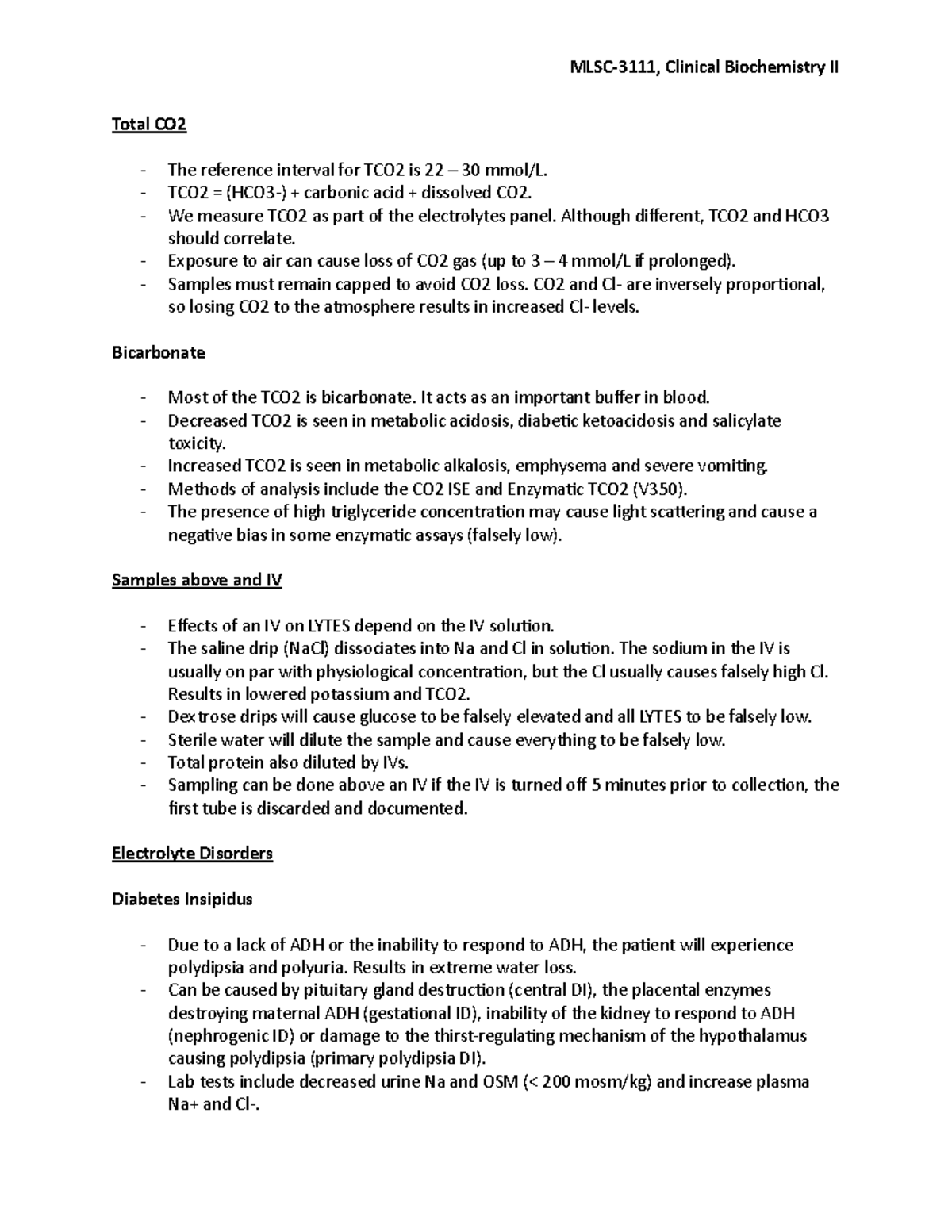 Electrolytes Part 2 - MLSC-3111, Clinical Biochemistry II Total CO The ...
