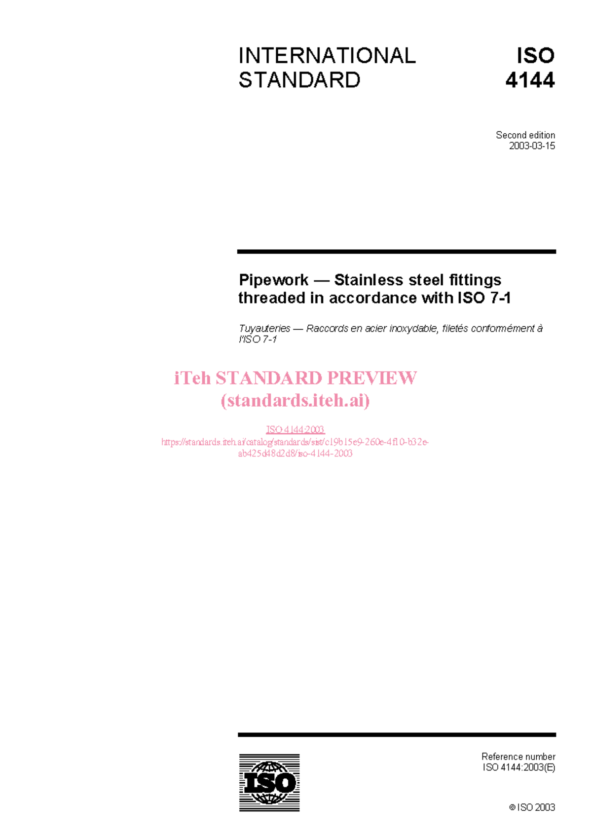 ISO 4144:2003 - Stainless Steel Threaded Fittings Standard - Studeersnel