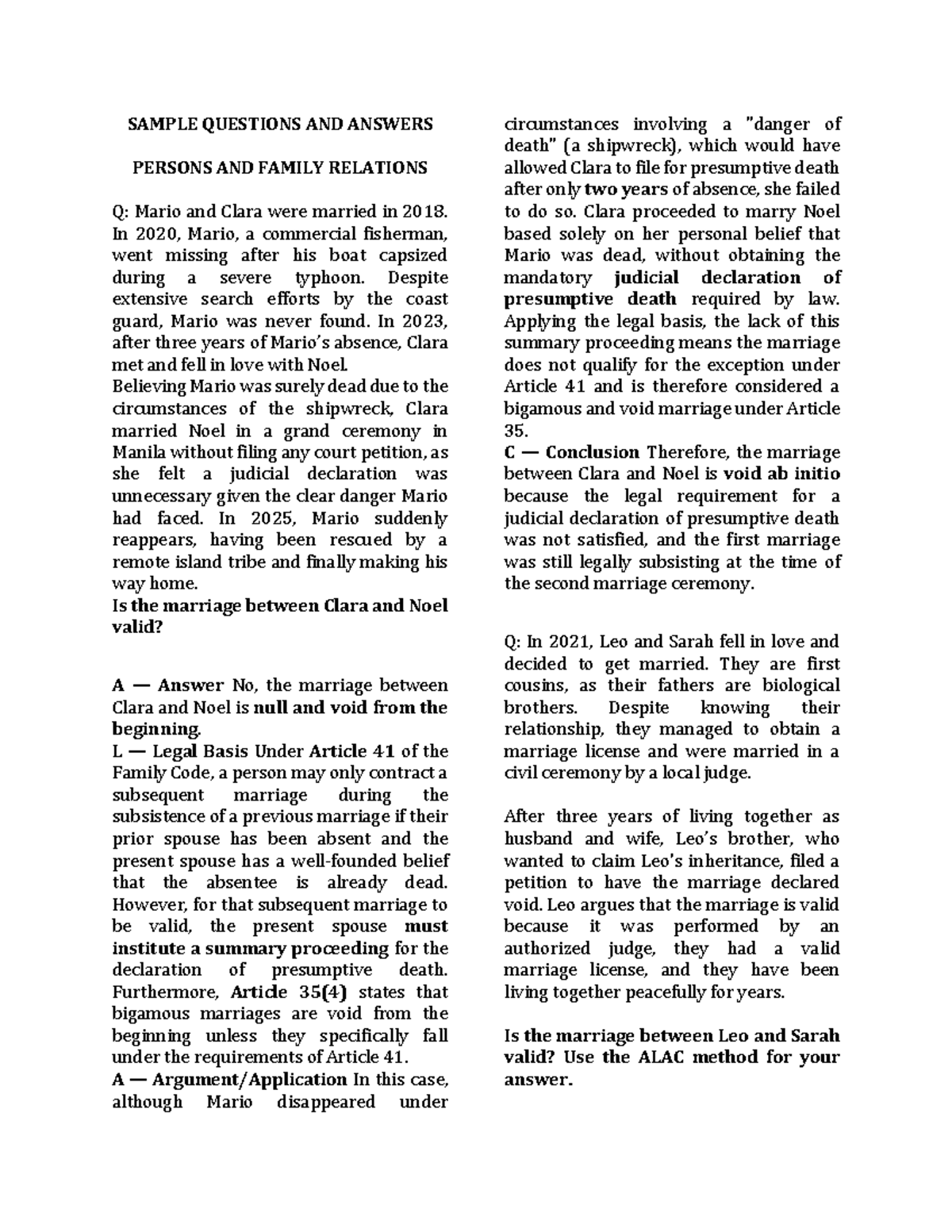 PFR - Sample Questions and Answers on Persons and Family Relations ...