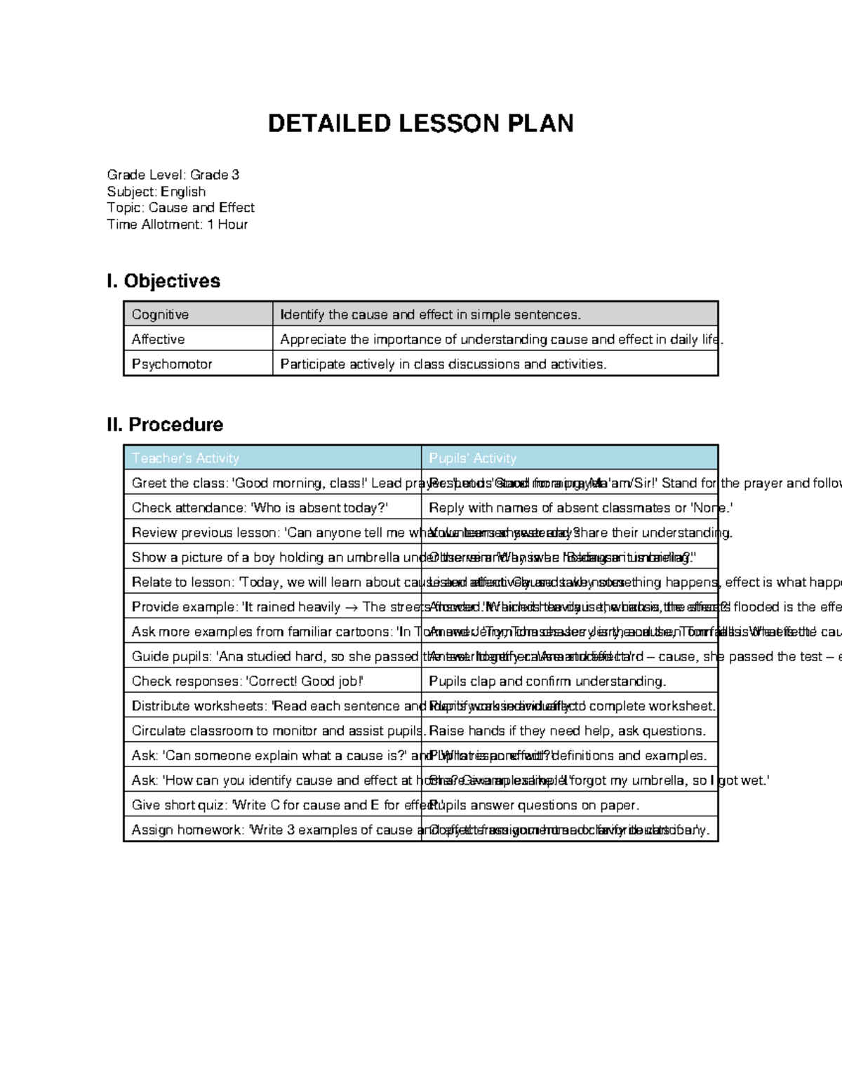 Grade 3 DLP: Cause and Effect Lesson Plan - Studocu