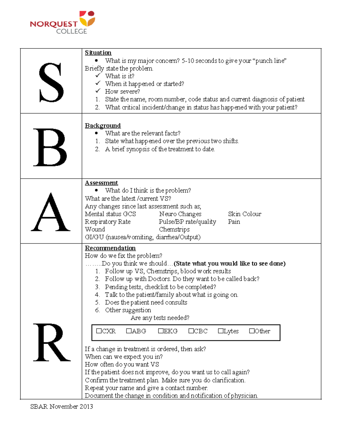 SBAR - Patient Assessment & Recommendations Guide (Nov 2013) - Studocu