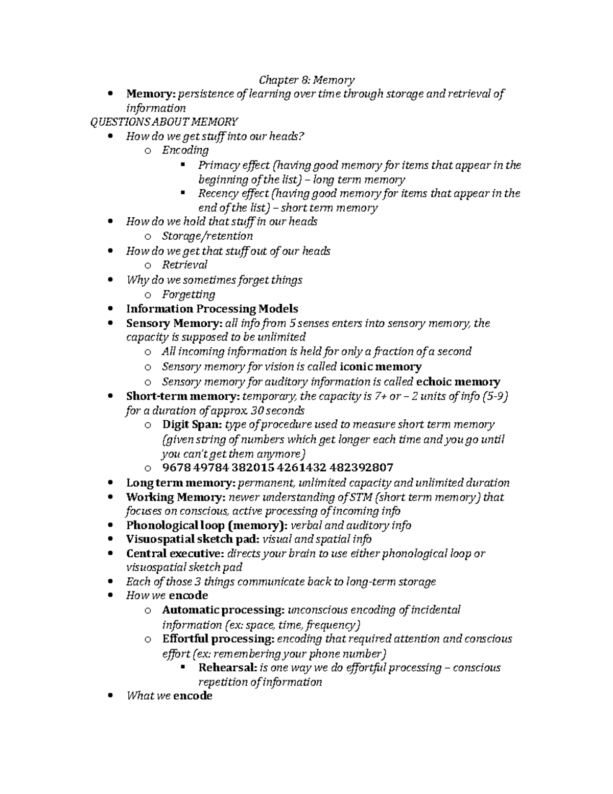 Chapter 8 - Chapter 8: Memory Memory: persistence of learning over time ...