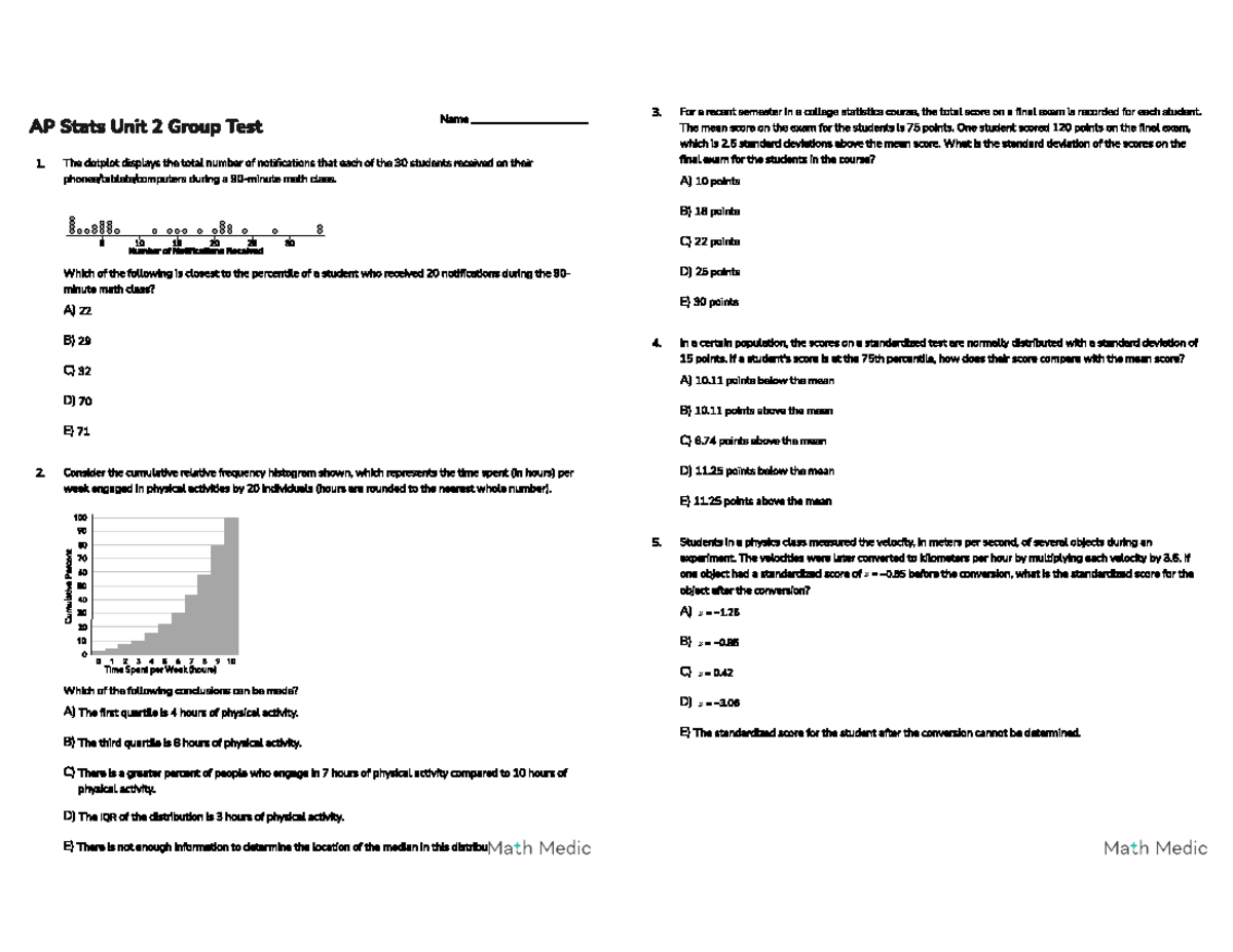 AP Stats Unit 2 Group Test: Final Exam Practice Questions - Studocu