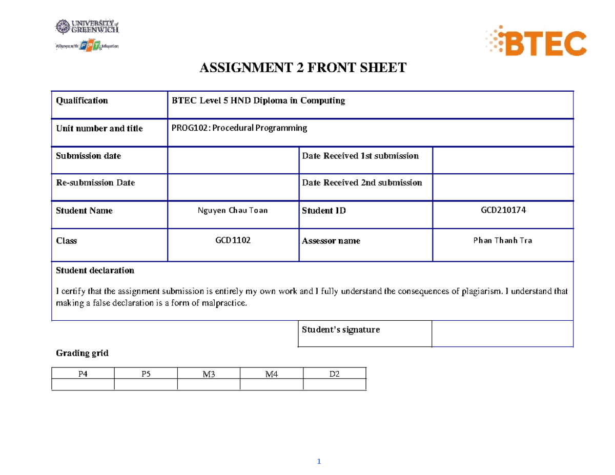 Assignment 2 - ASSIGNMENT 2 FRONT SHEET Qualification BTEC Level 5 HND Diploma in Computing Unit ...