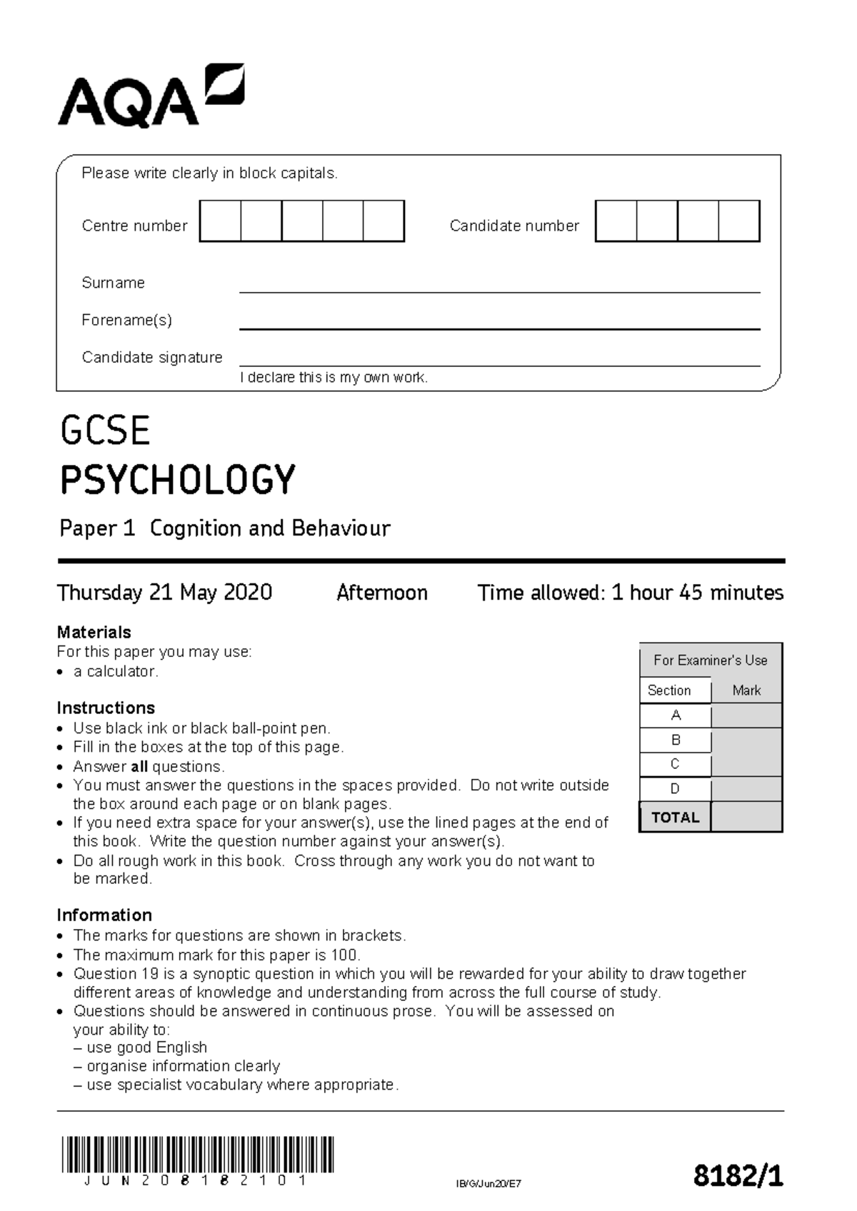 June 2020 AQA GCSE Psychology Paper 1: Cognition & Behaviour Exam - Studocu