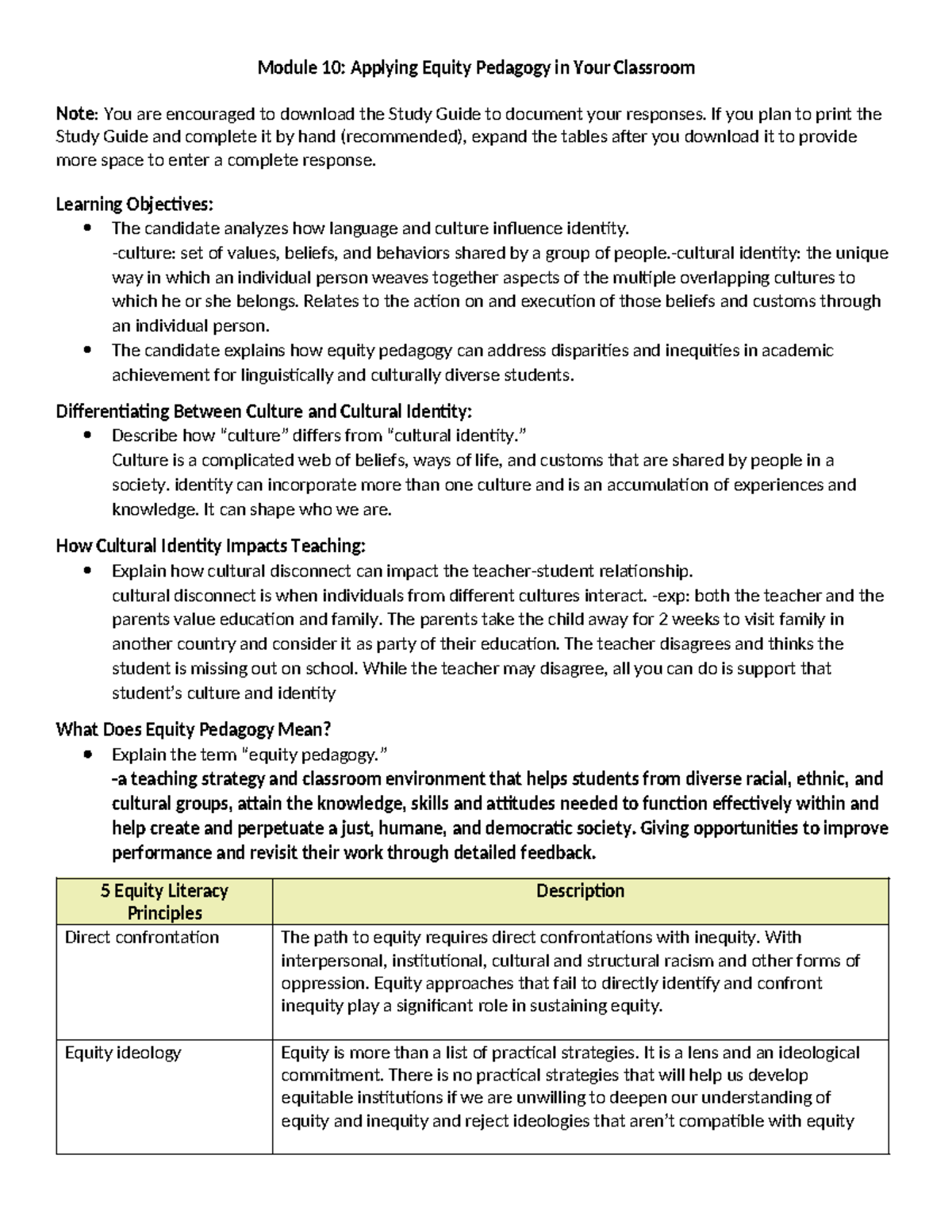 D096 d169 m10 study guide - Module 10: Applying Equity Pedagogy in Your Classroom Note: You are ...