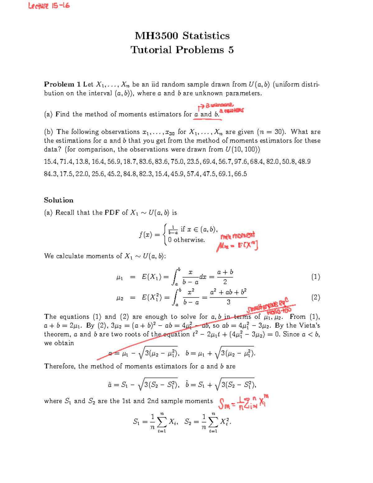 Sol Tutorial 5 - statistic assignment - MH3500 Statistics Tutorial ...