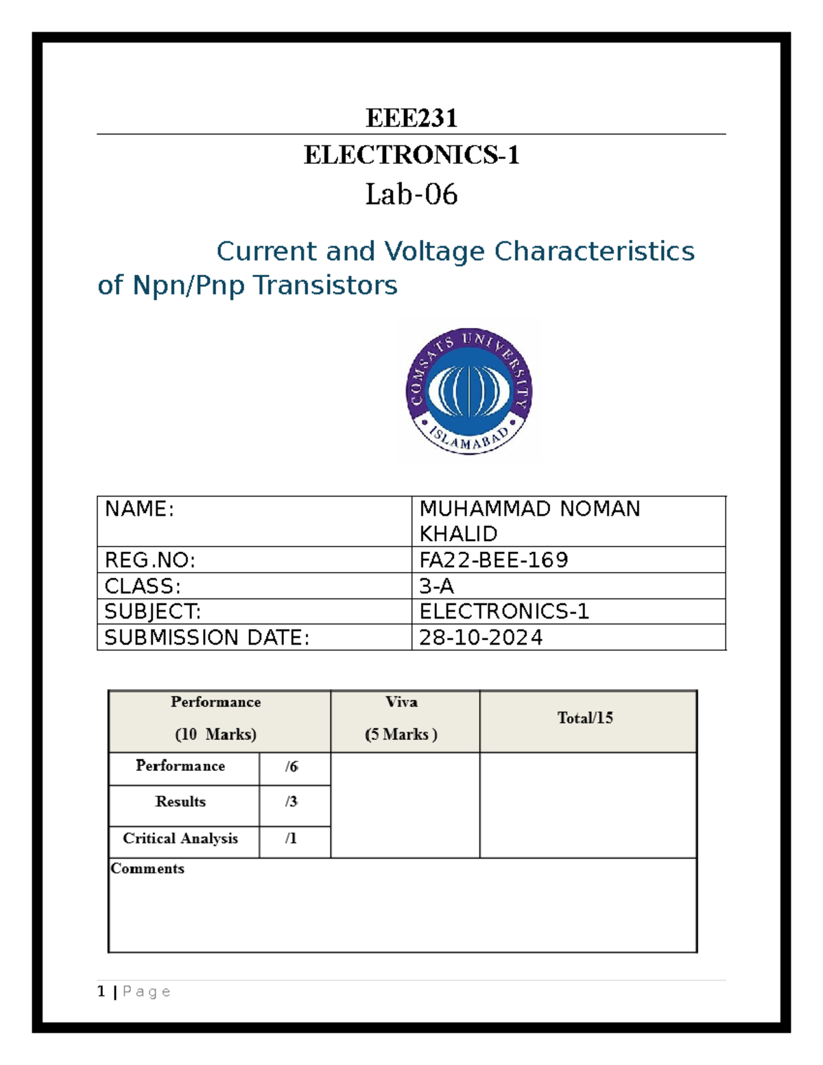 Electronics LAB NO 06 re - EEE ELECTRONICS- Lab- Current and Voltage Characteristics of Npn/Pnp ...