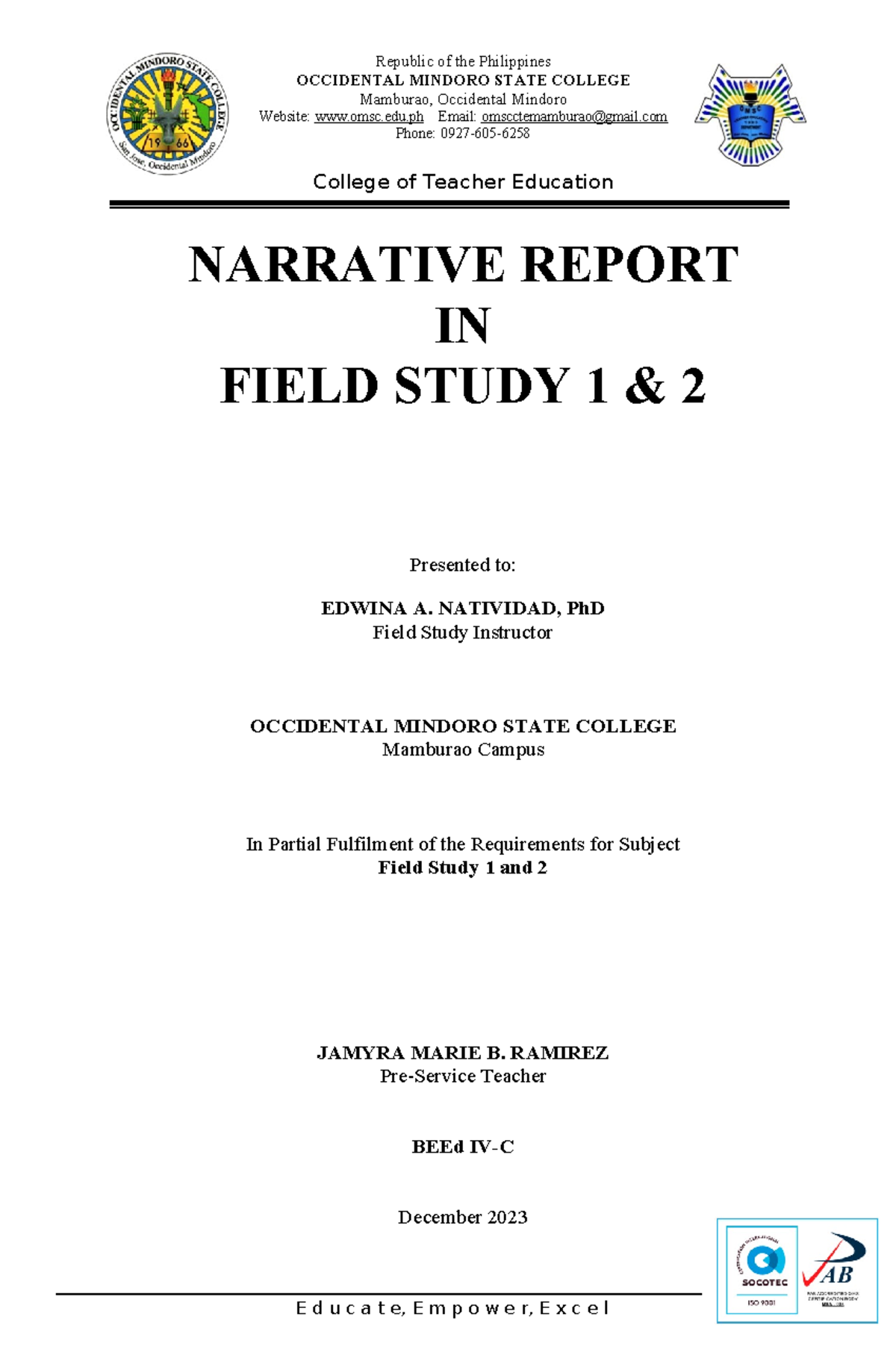 Field Study 1 & 2 Narrative Report Format - FS-EDUC 101 - Studocu