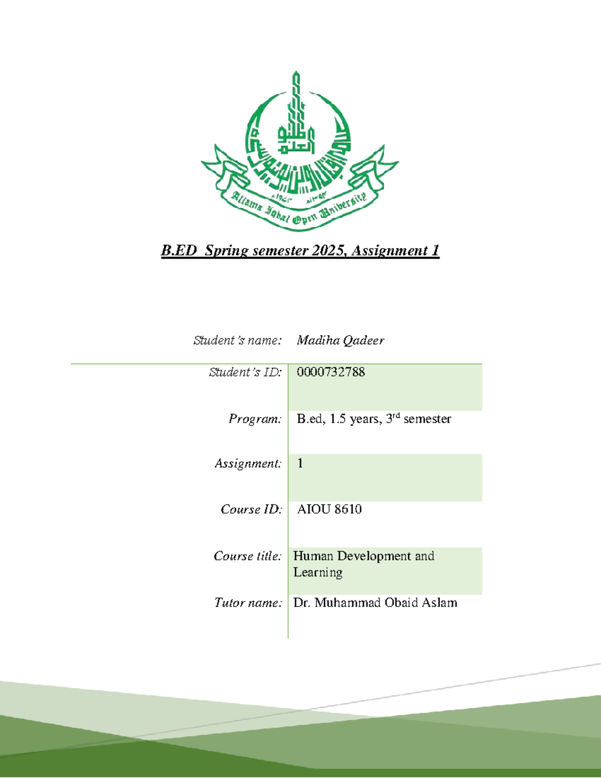 B Ed 8610 Spring 2025 Assignment 1 On Human Development Learning