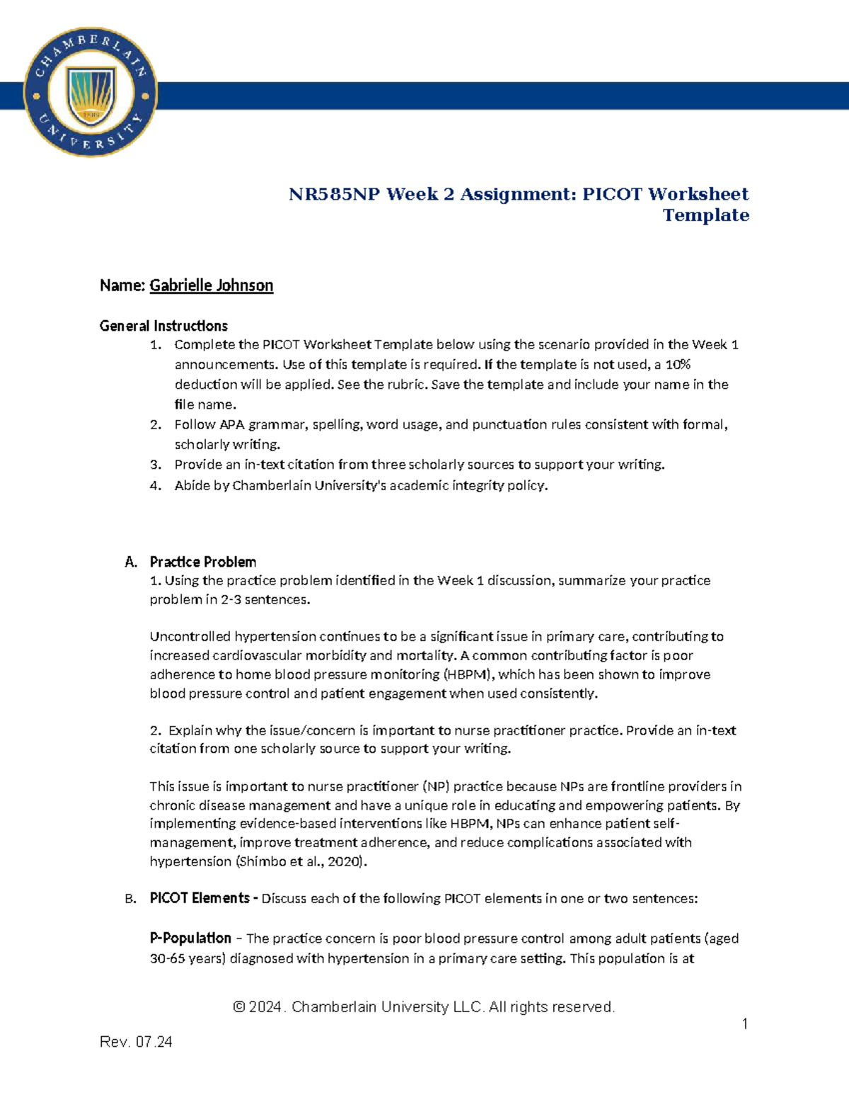 NR585NP Week 2 Assignment: PICOT Worksheet by Gabrielle Johnson - Studocu