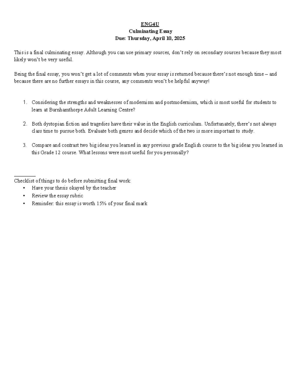 ENG4U Final Culminating Essay: Analyzing Modernism vs. Postmodernism ...