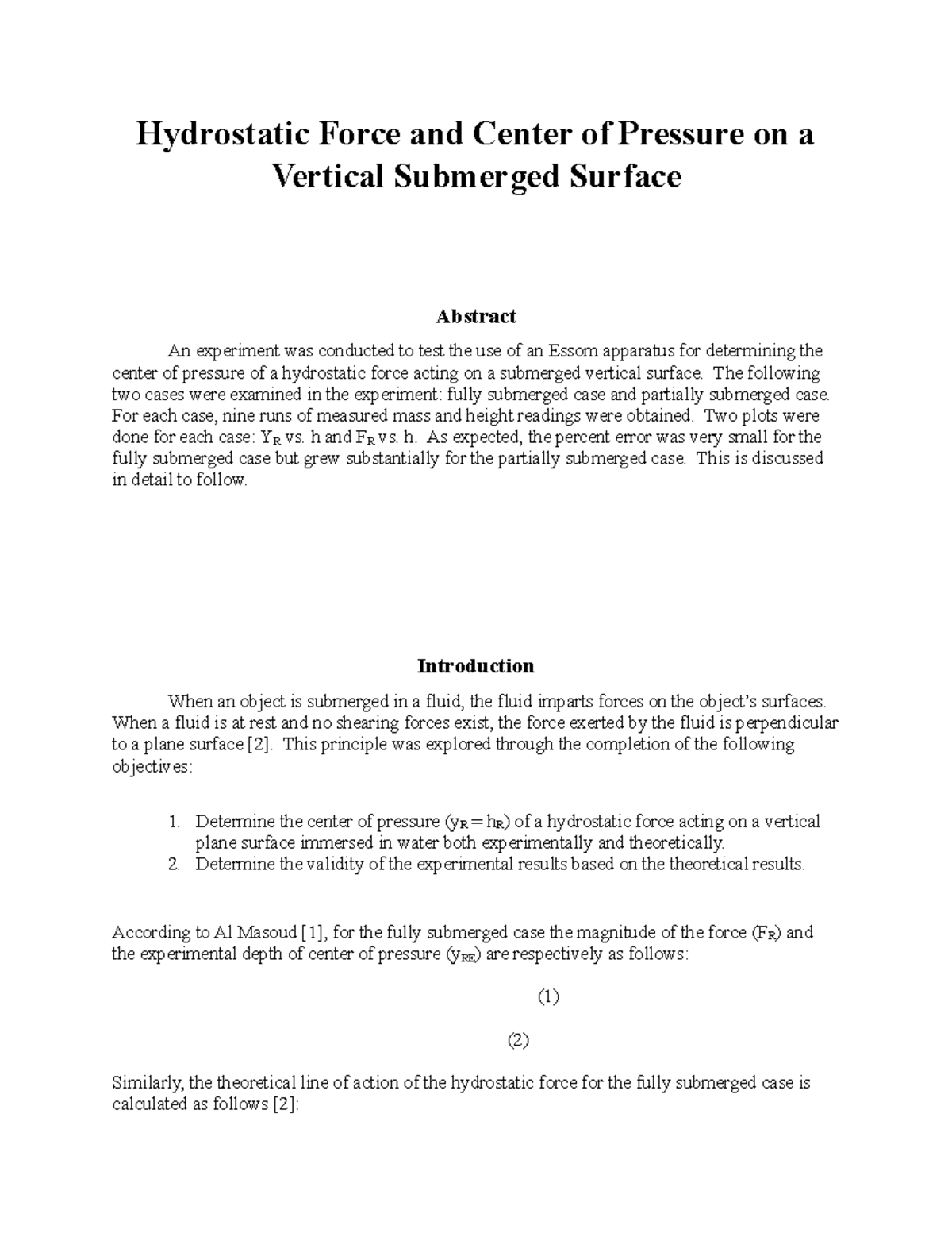 Hydrostatic Lab experiment - Hydrostatic Force and Center of Pressure on a Vertical Submerged ...