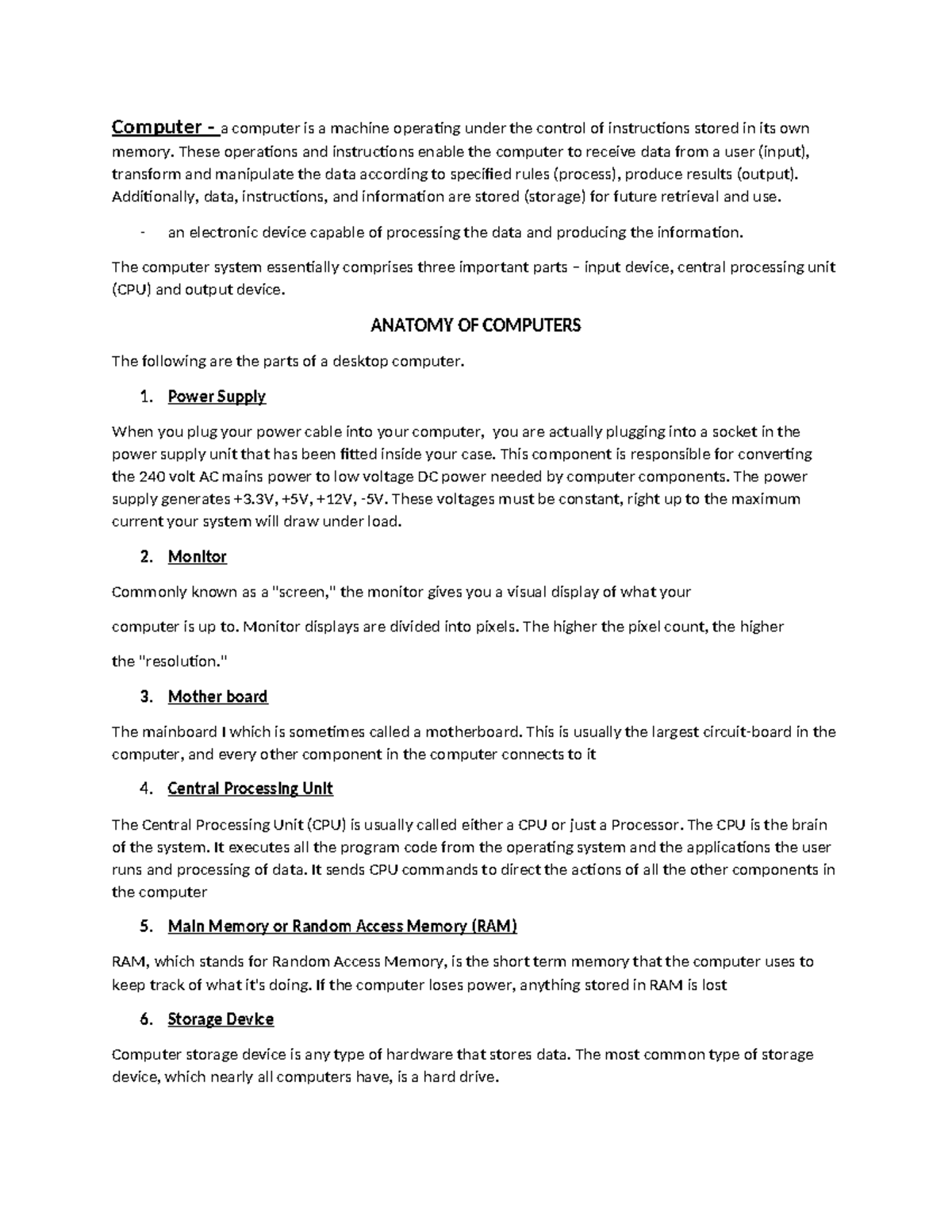 Computer Parts & Functions: Overview of Hardware Components - Studocu