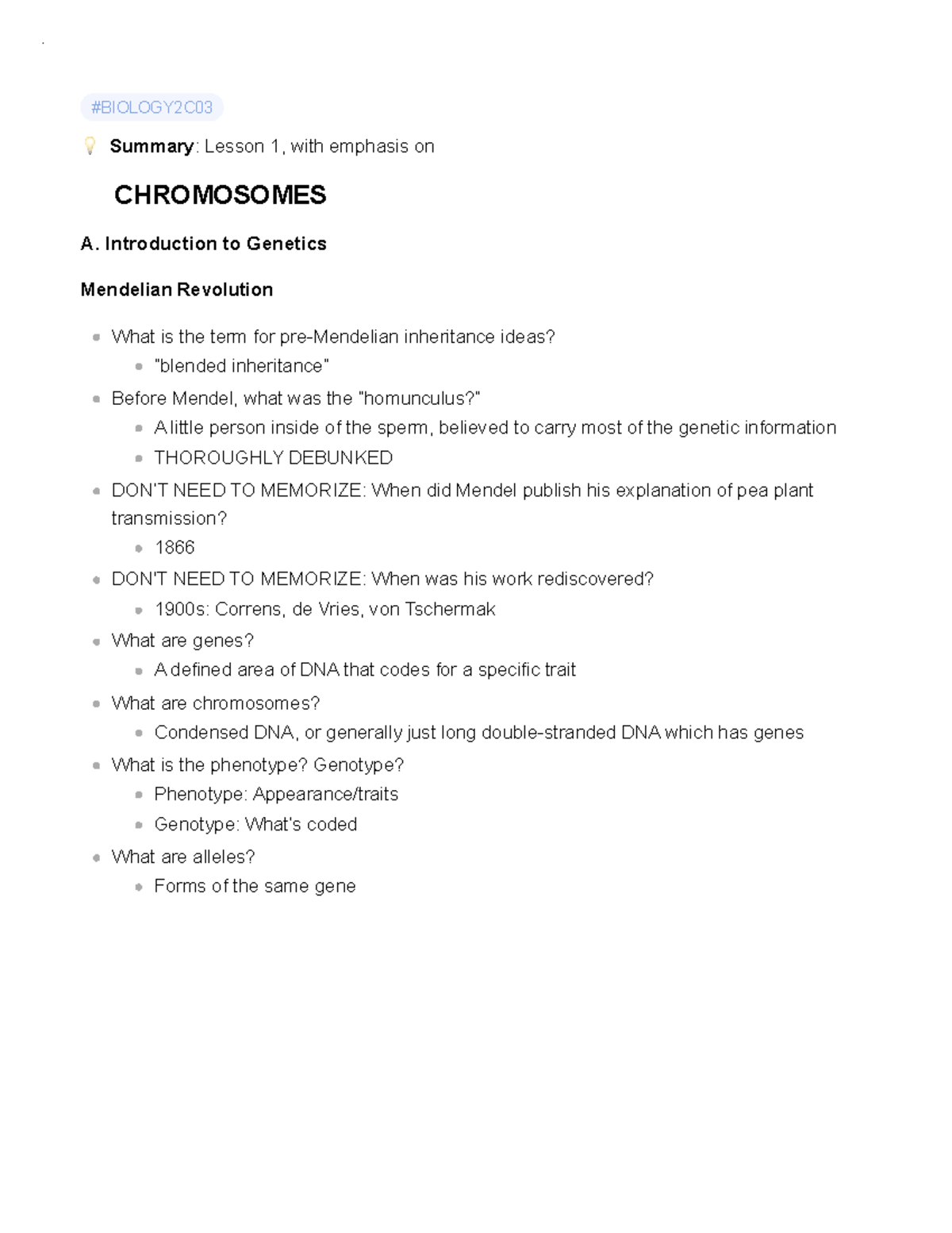 Lesson 1: Intro to Genetics & Chromosomes (BIO101) - Studocu