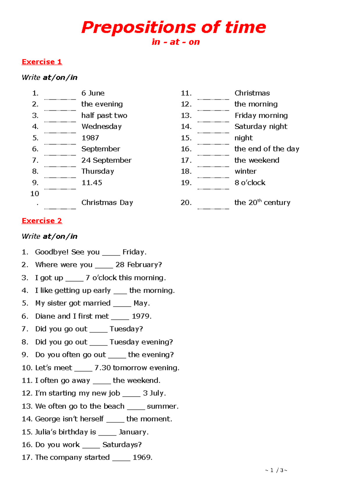 Prepositions of Time: Exercises for Practice (ENG 101) - Studocu