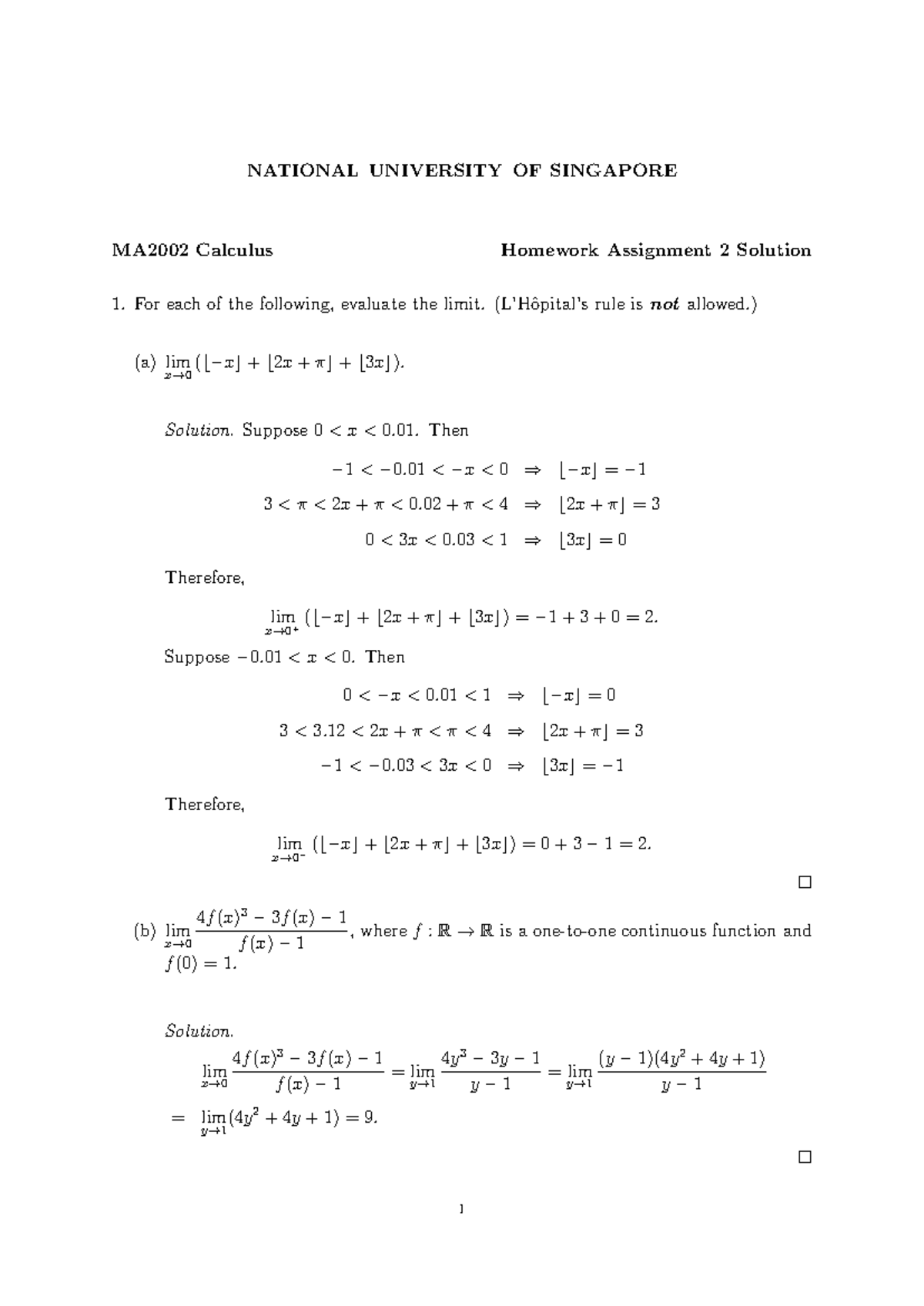 MA2002 Hmk2 solution - NATIONAL UNIVERSITY OF SINGAPORE MA2002 Calculus Homework Assignment 2 ...