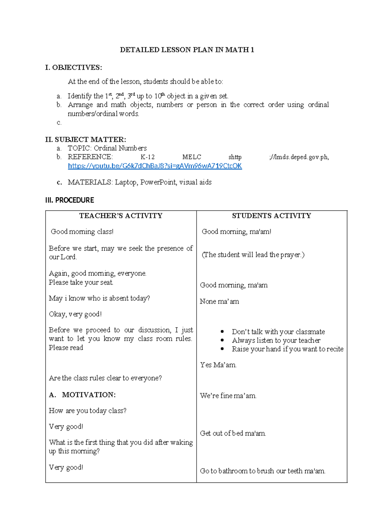 PE DLP Grade 1: Detailed Lesson Plan on Ordinal Numbers - Studocu