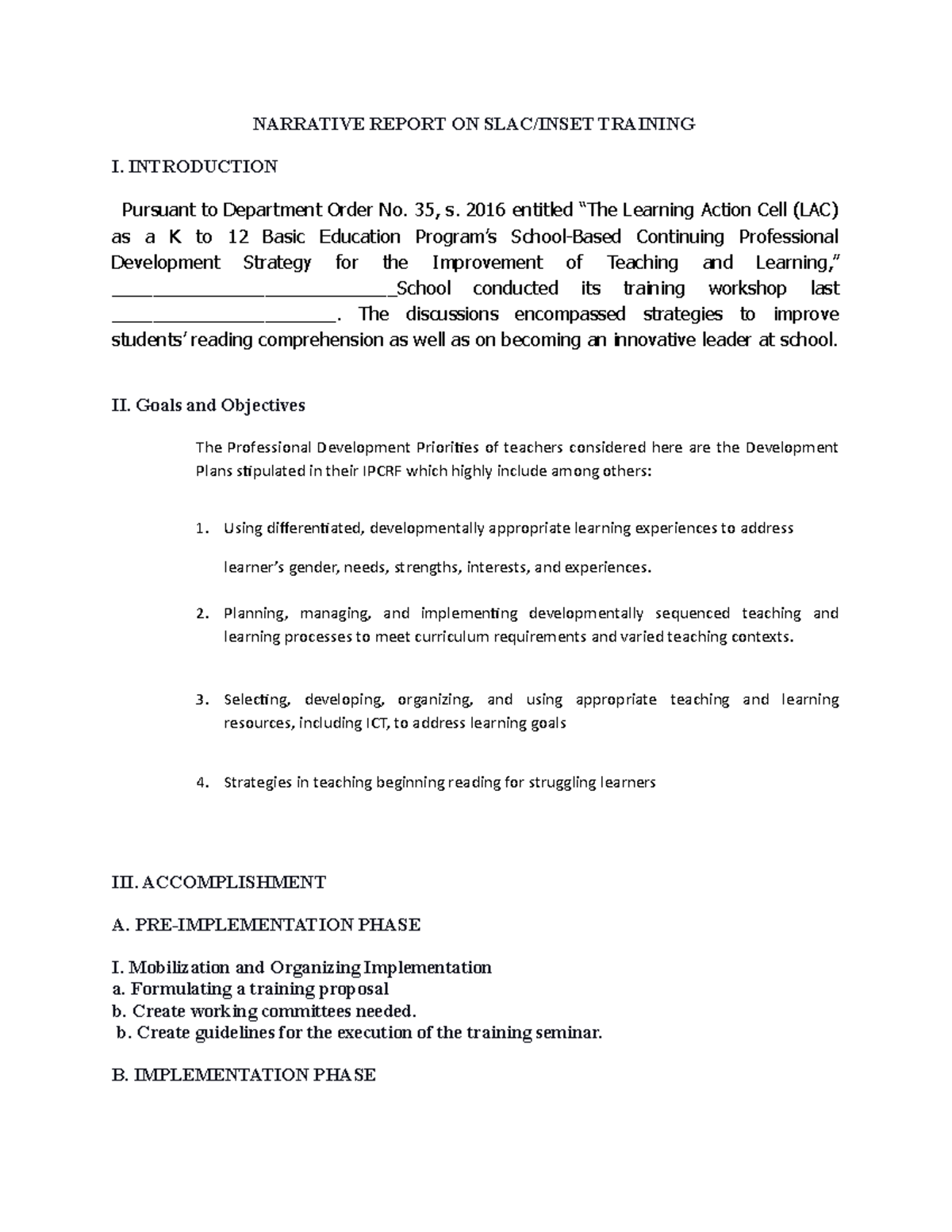 Narrative Report on SLAC Training 2022-2023 by Daisy Tesoro - Studocu