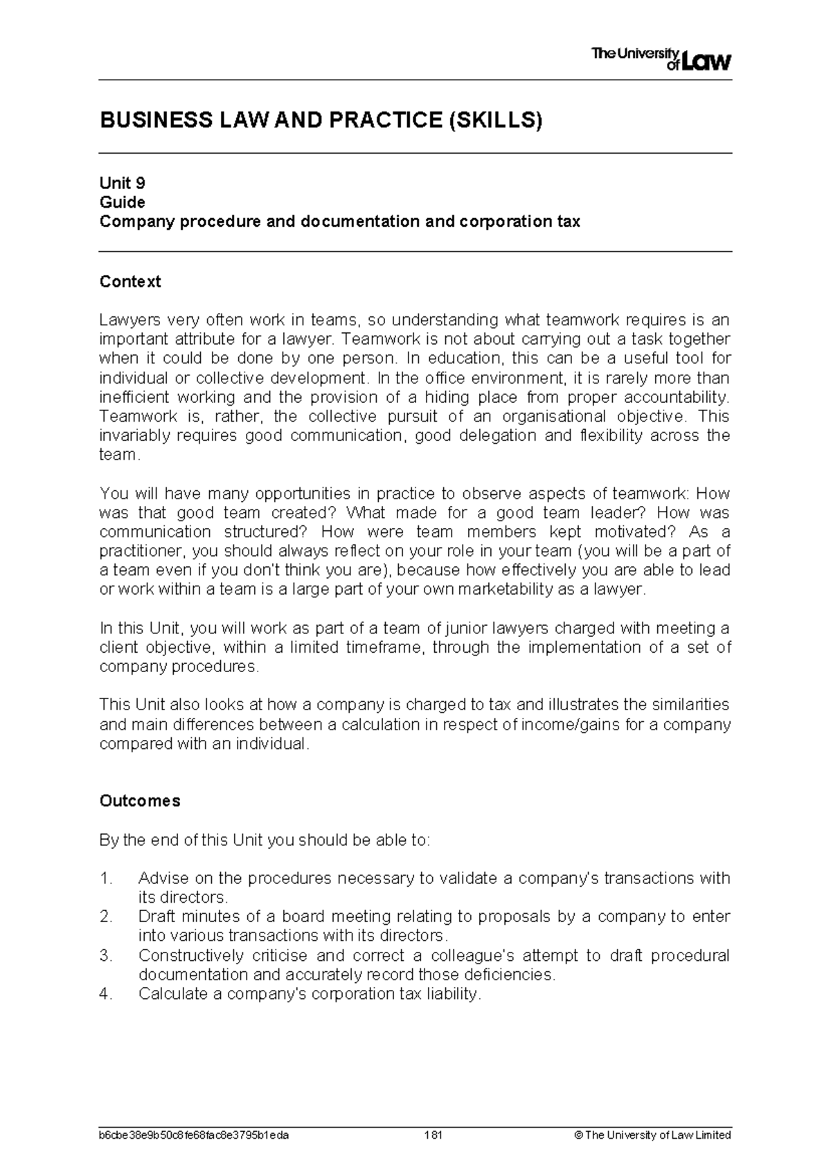BLP wr 9 - BUSINESS LAW AND PRACTICE (SKILLS) Unit 9 Guide Company ...