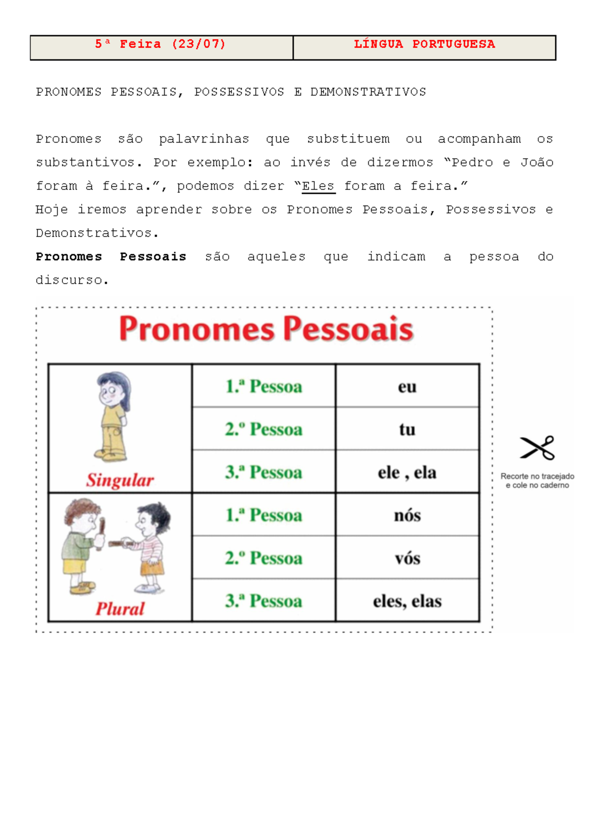 Atividades sobre Pronomes Pessoais, Possessivos e Demonstrativos - 4º Ano - Studocu