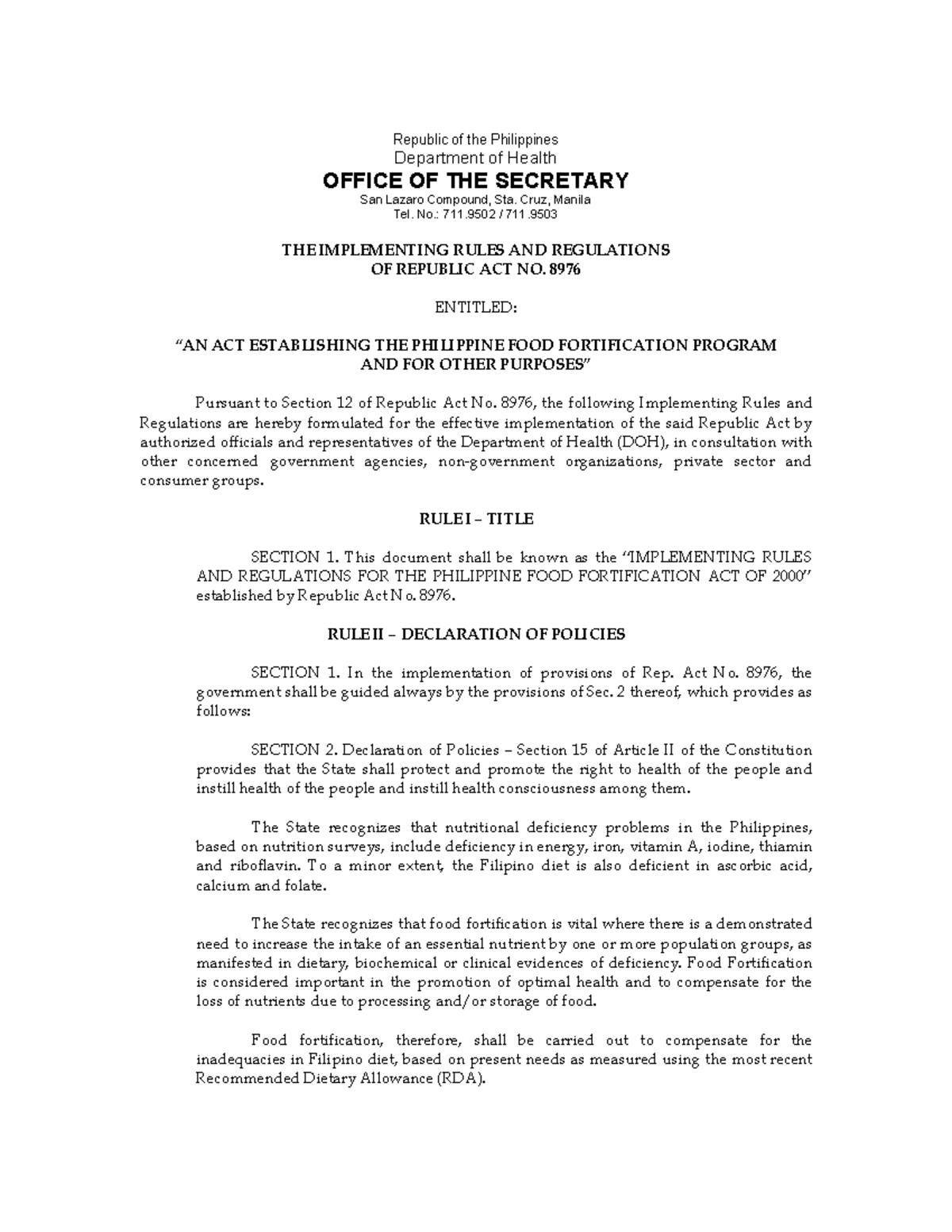 Implementing Rules for Food Fortification Act (Rep. Act No. 8976) - Studocu