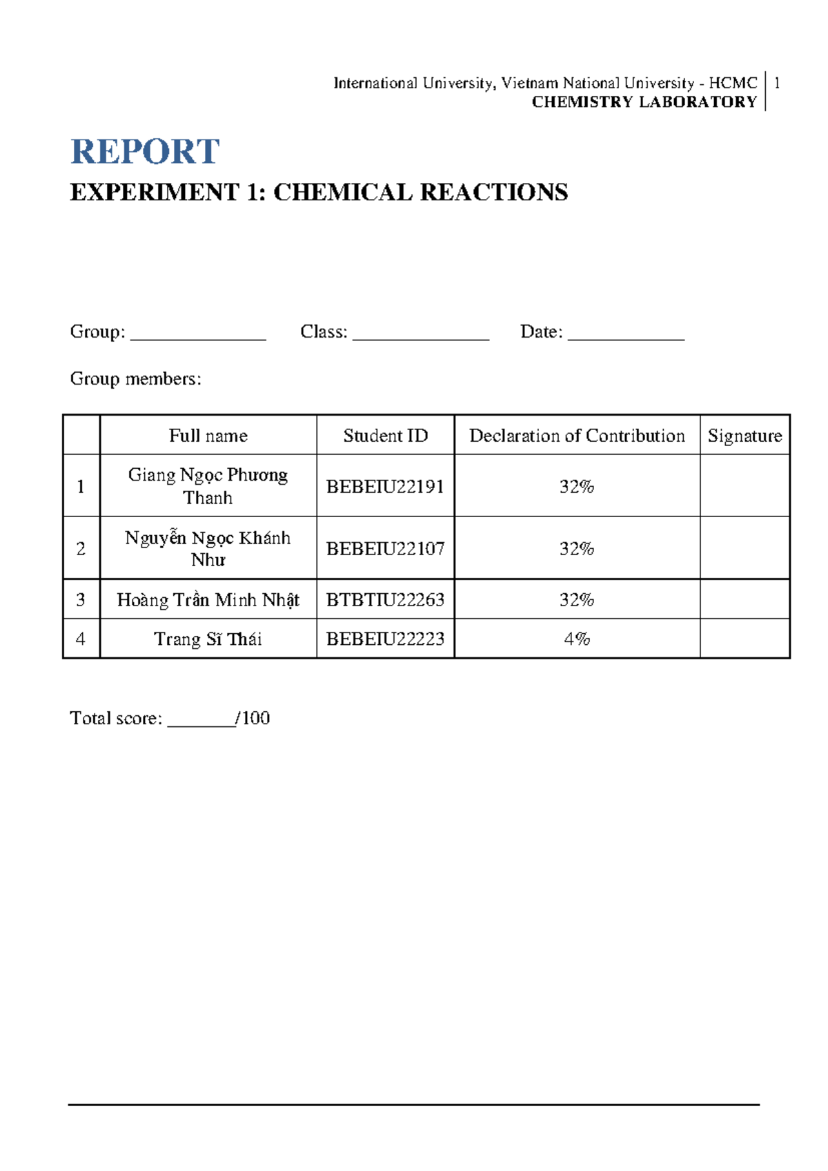CHEM 101 - Lab 1 Report: Investigating Chemical Reactions - Studocu