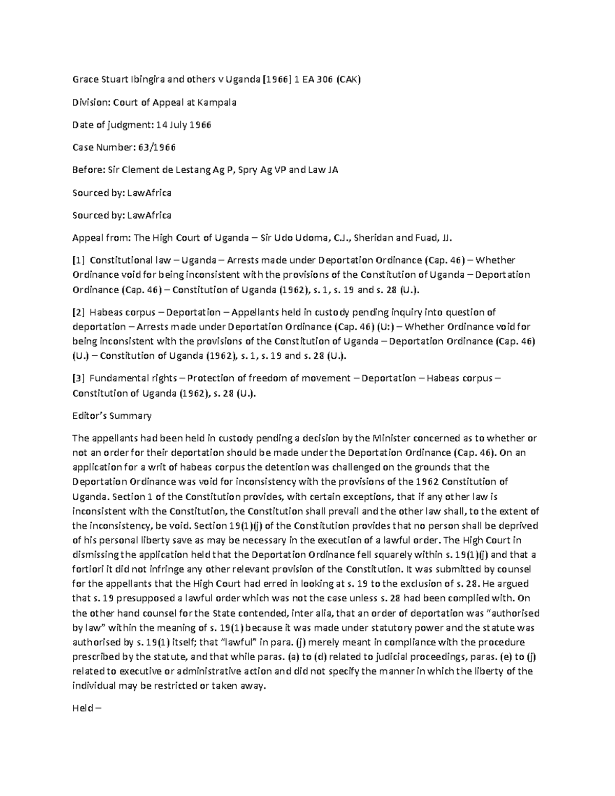Ibingira 01 - Case Analysis: Grace Stuart Ibingira v Uganda (1966 ...