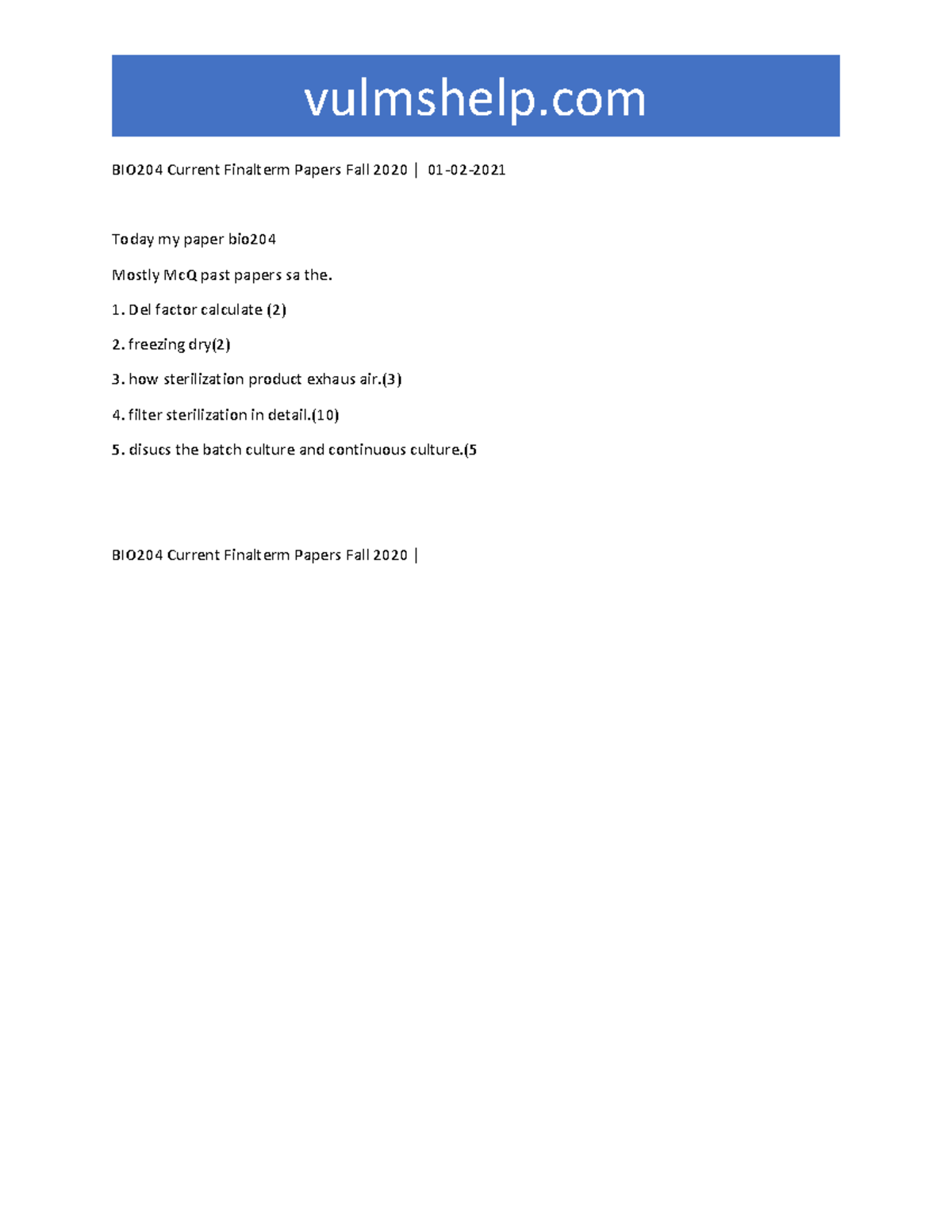 BIO204 Final Term Past Papers Overview and Key Topics - Studocu