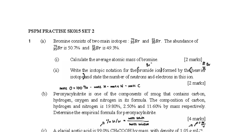 PSPM PRACTICE SK015 SET 2: Isotopes, Reactions, and Titrations - Studocu