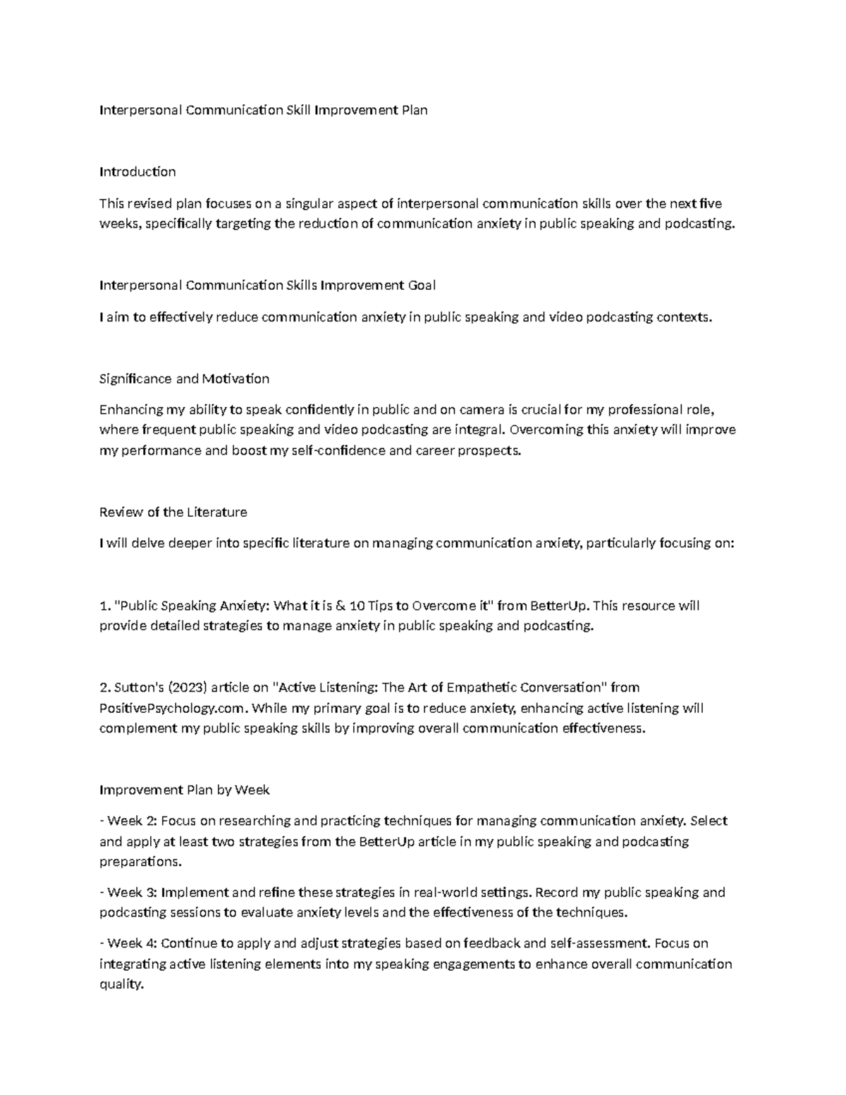 Interpersonal Comm Skills Improvement Plan - Week 1 Assignment - Studocu