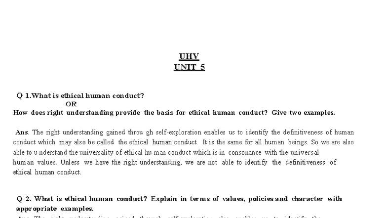 UHV UNIT 5: Understanding Ethical Human Conduct and Professional Ethics ...
